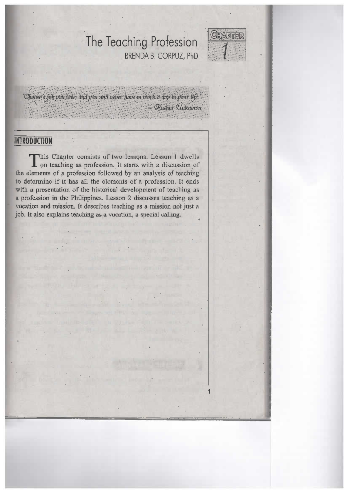 Chapter 1 - Teaching Profession Overview: Lessons on Vocation & Mission - Studocu