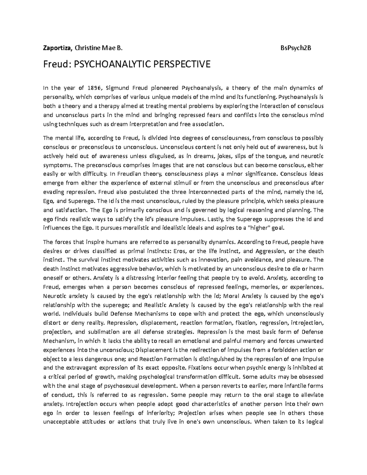 Chapter Summary - Freud: Psychoanalytic Perspective (BSPSYCH2B) - Studocu