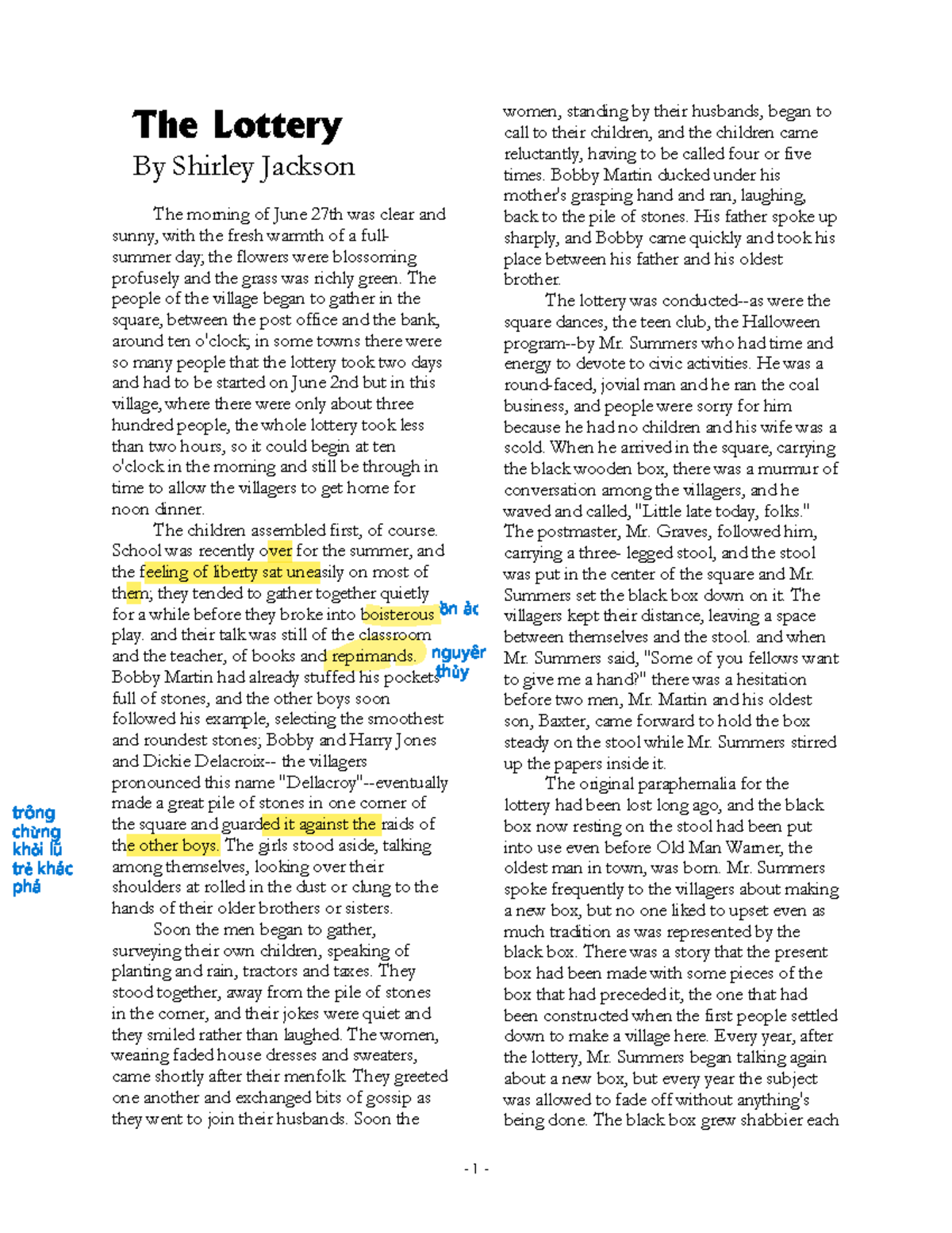 The Lottery - Shirley Jackson Analysis and Discussion Notes - Studocu