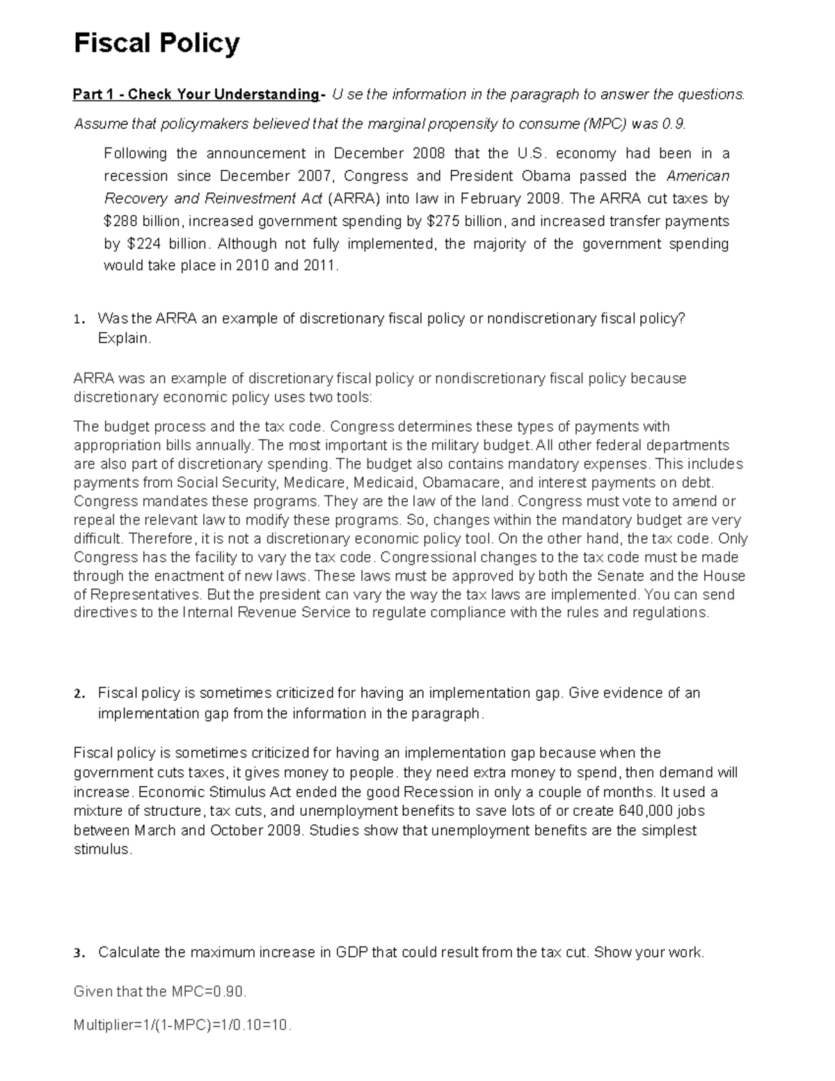 Week 9 HW: Understanding Fiscal Policy & ARRA Impact Analysis - Studocu