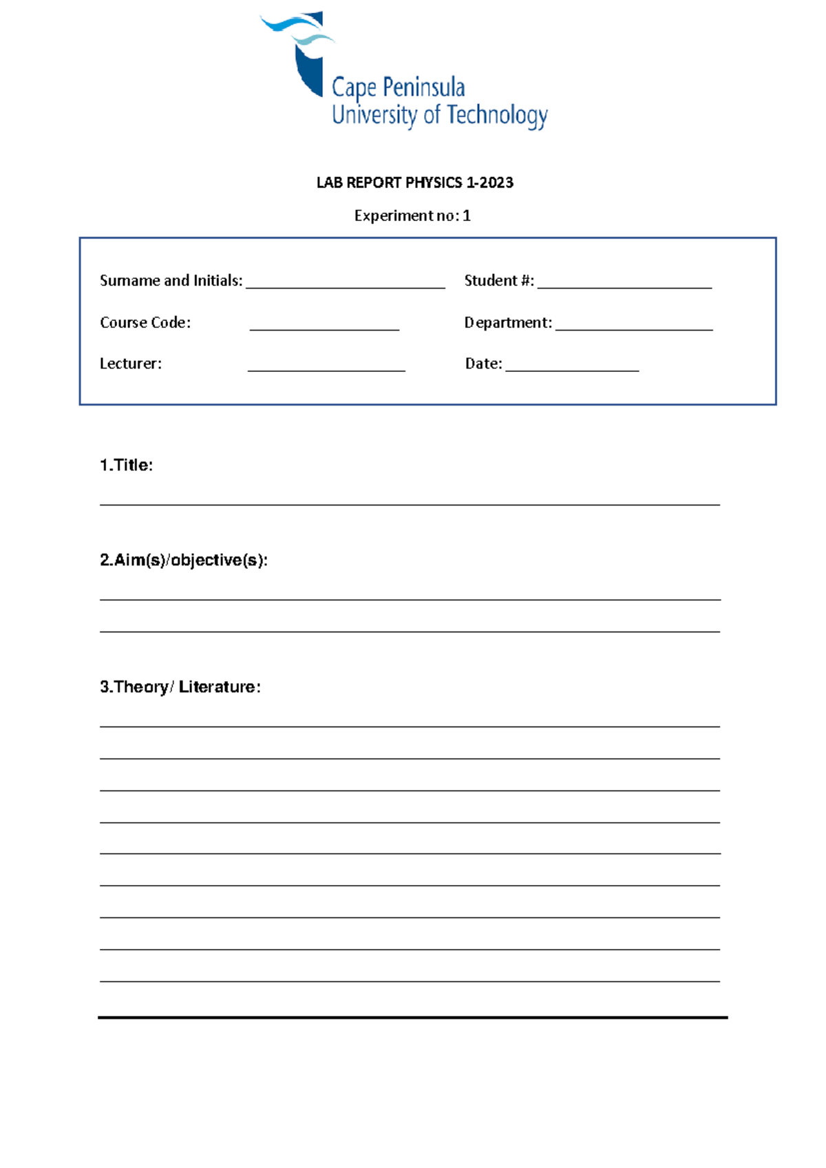 Experiment 1 - practical - LAB REPORT PHYSICS 1- Experiment no: 1 Surname and Initials: - Studocu