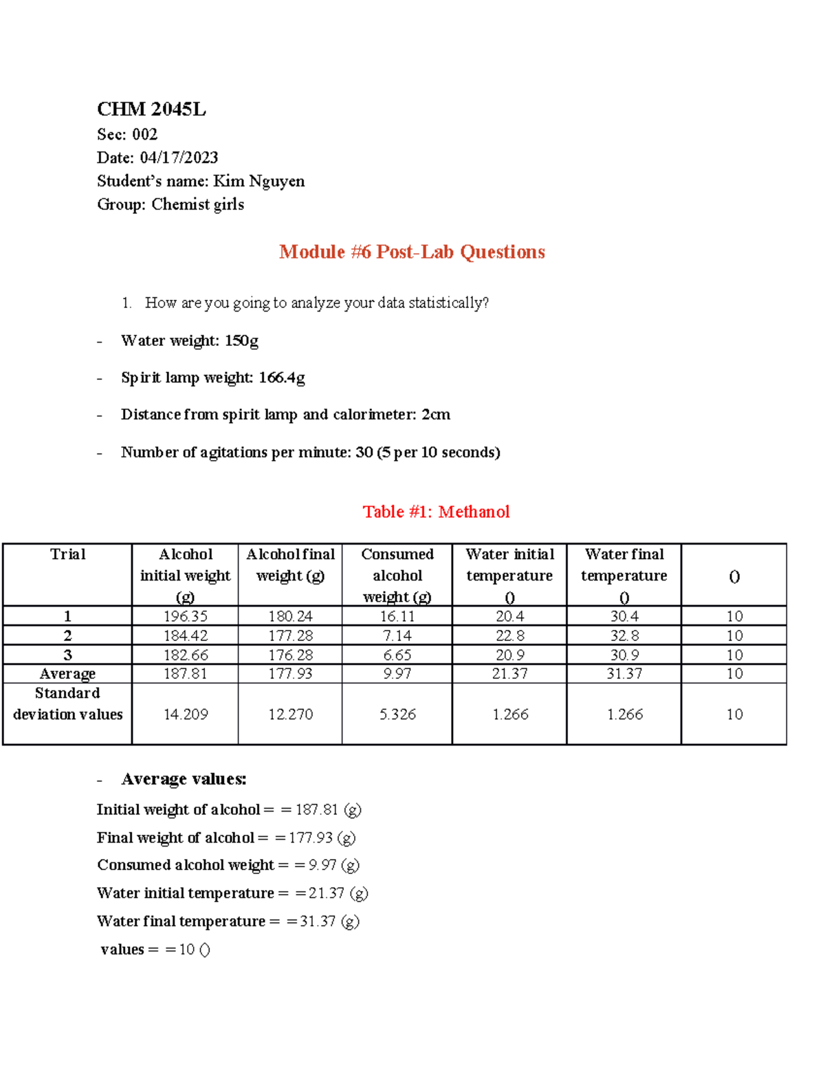 CHM 2045L Module 6 Post-Lab Questions Submission and Analysis - Studocu