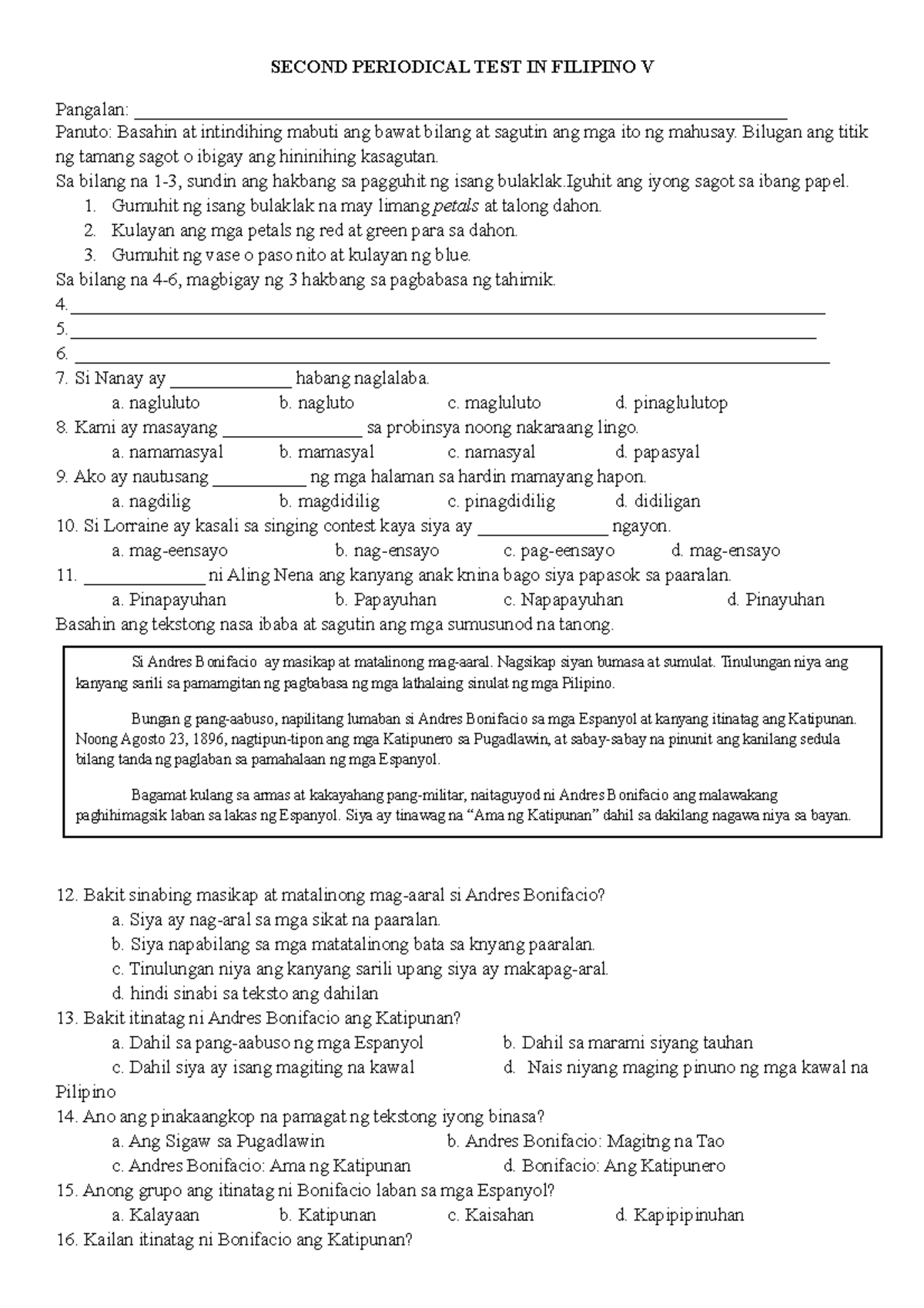 Filipino 5- Ikalawang Markahan- Pagsusulit - SECOND PERIODICAL TEST IN ...