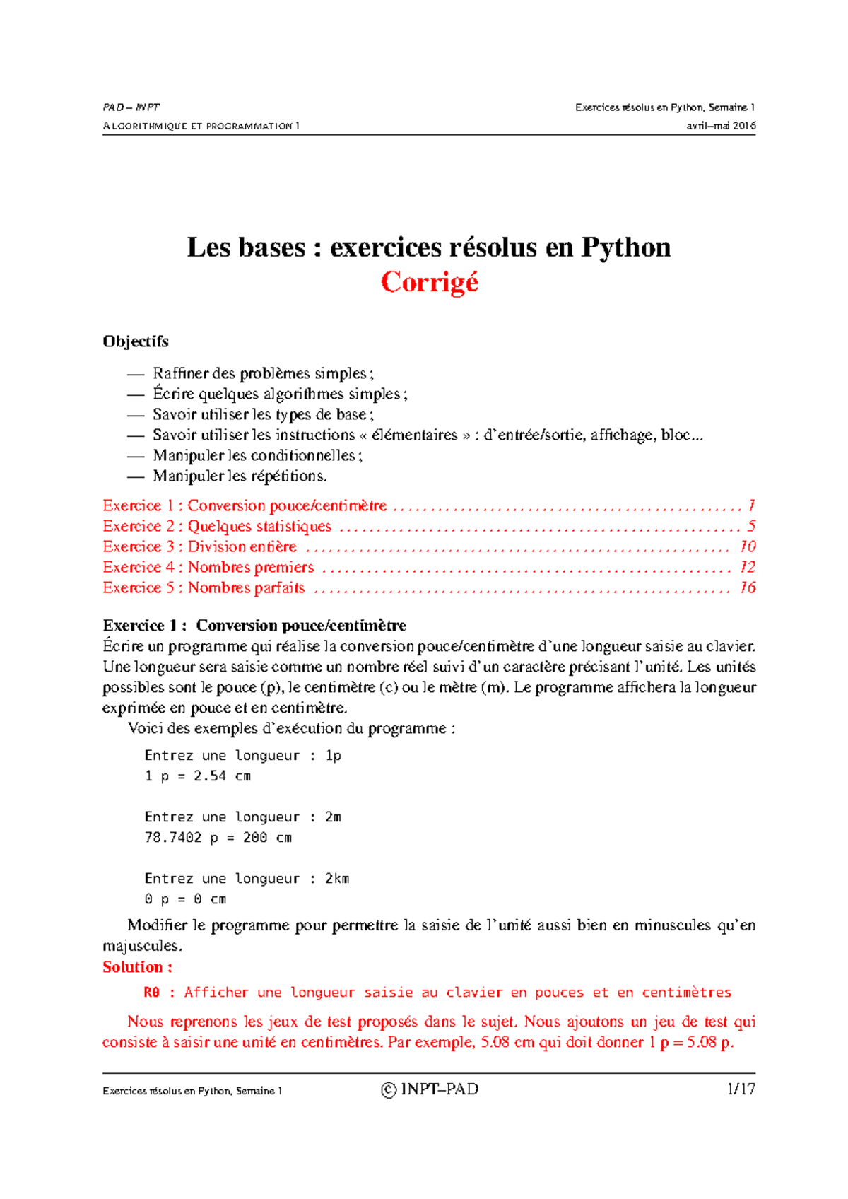 Algo1-apad-2015-s1-serie 1 Algo-Python-corrige - PAD – INPT ALGORITHMIQUE ET PROGRAMMATION 1 ...