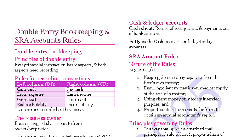 Double Entry Bookkeeping Principles and SRA Account Rules - Studocu