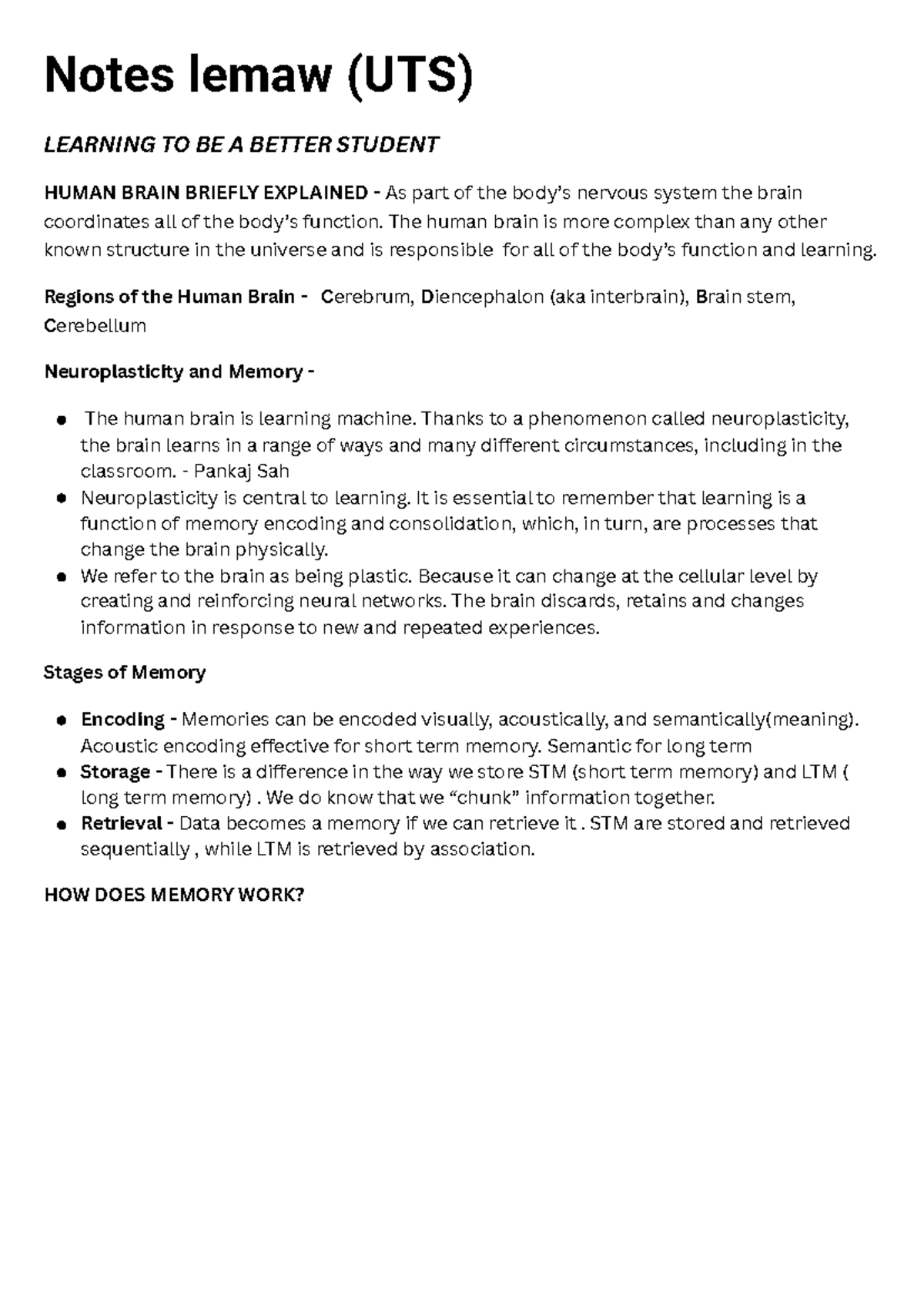 Notes on UTS LEARNING TO BE A BETTER STUDENT: Human Brain & Memory ...