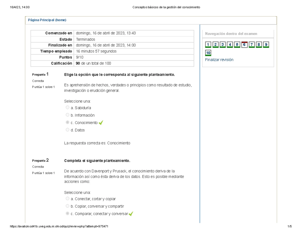 Examen-uveg-Fases del proceso de gestión del conocimiento - Página Principal (home) Pregunta 1 ...