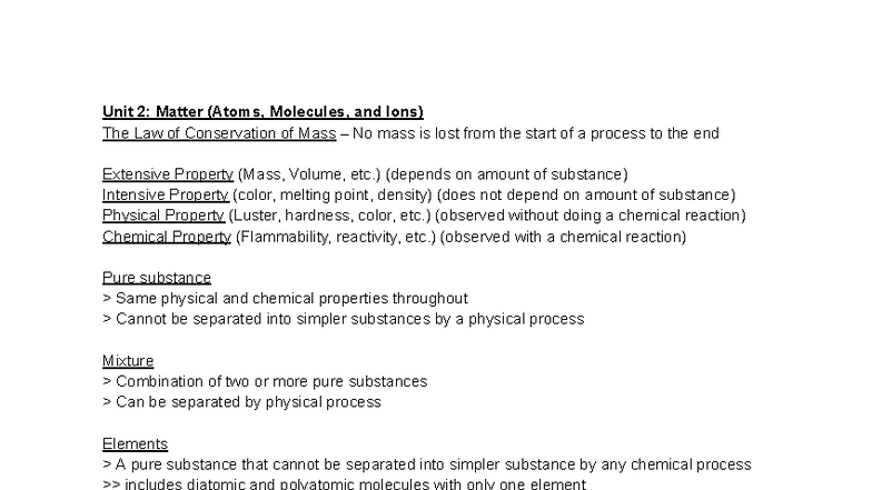 Unit 2: Matter - Atoms, Molecules, Ions & Conservation of Mass - Studocu
