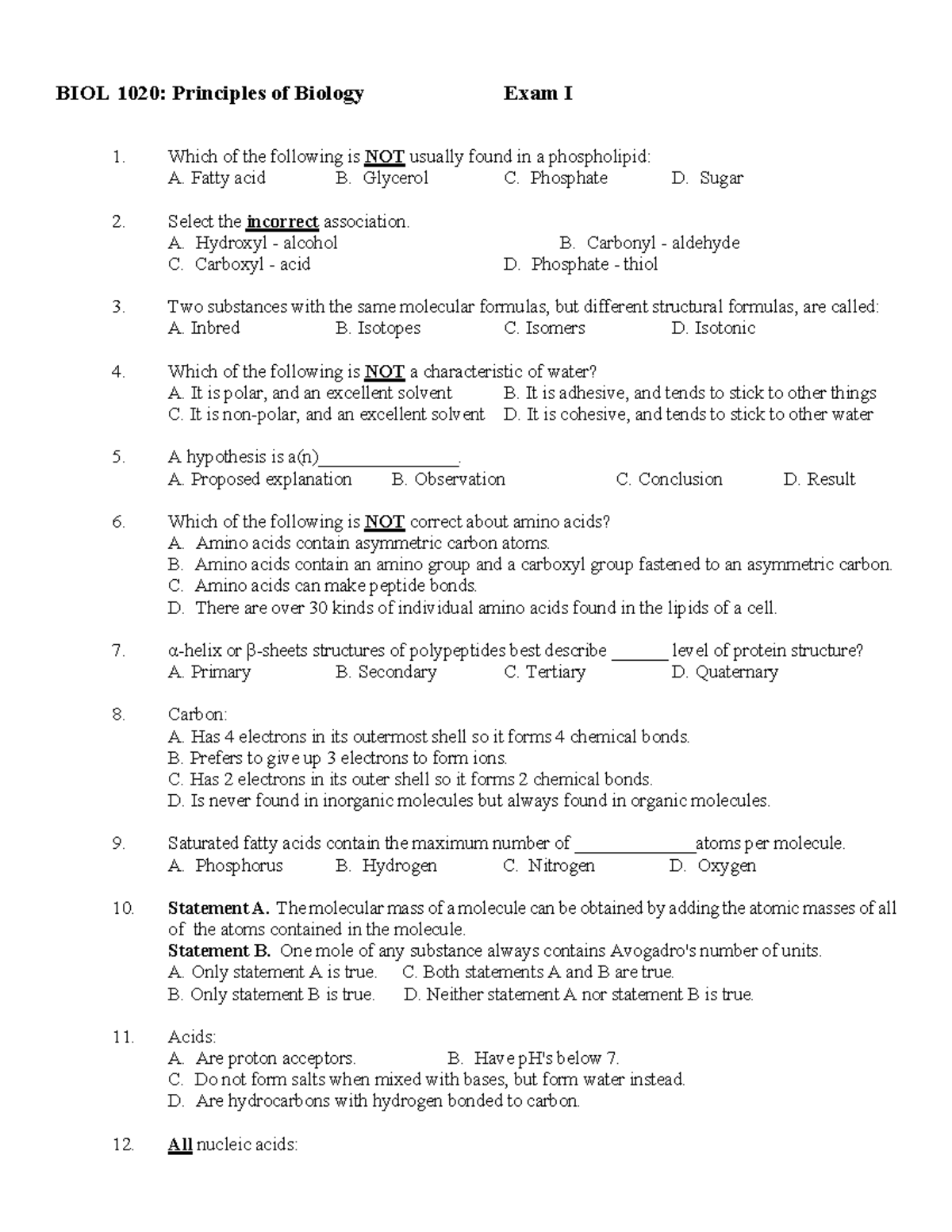 Past Exam Questions for Practice - BIOL 1020: Principles of Biology ...