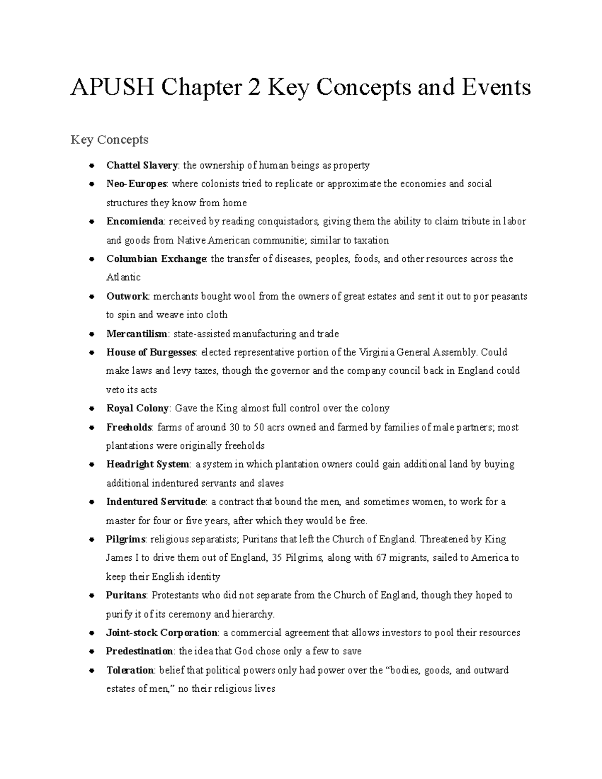 Apush Chapter 2 Key Concepts and People - APUSH Chapter 2 Key Concepts ...