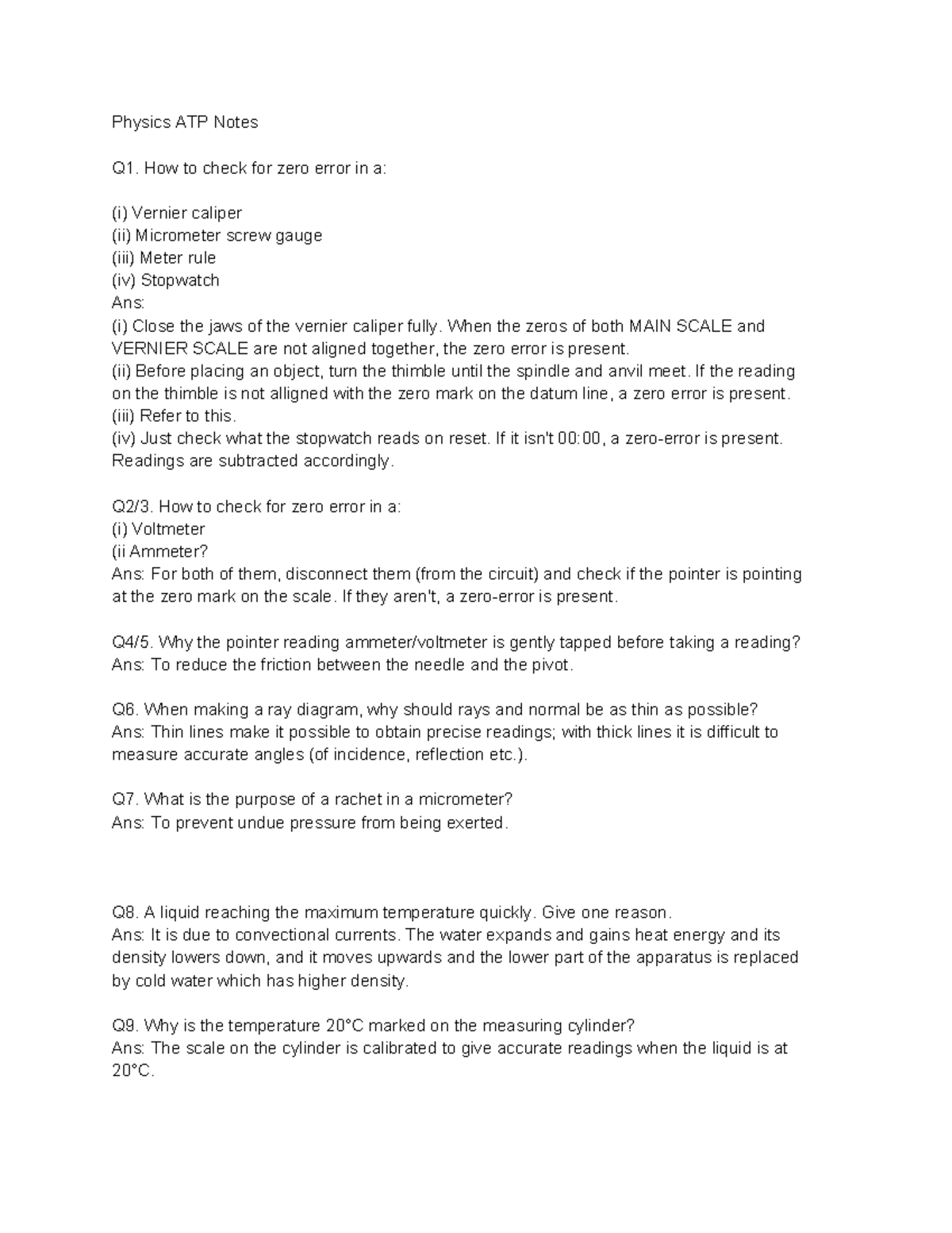 Physics ATP Notes: Zero Error Checks and Measurement Techniques - Studocu