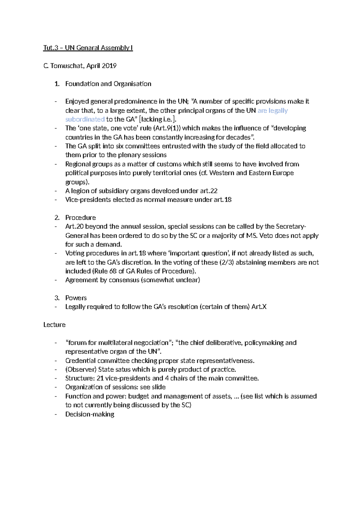 Tutorial 3: UN General Assembly Overview and Procedures - Studeersnel