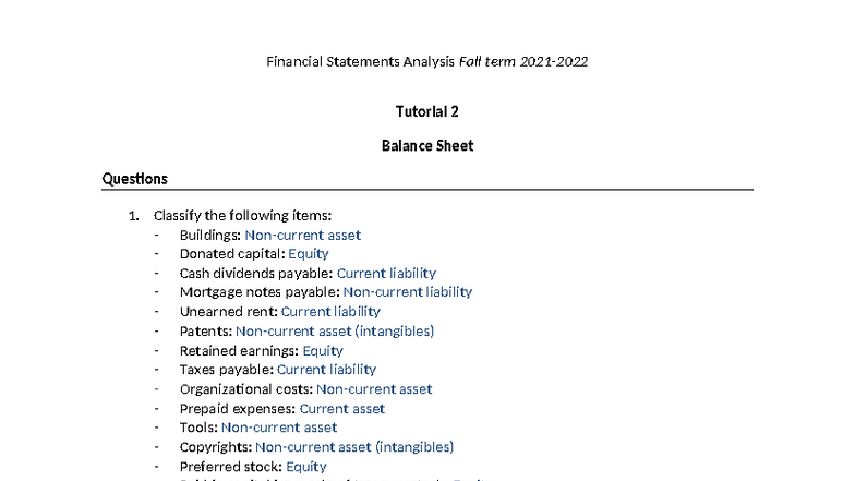 Financial Statements Analysis FSA 202 Fall Term Tutorial 2 Solutions ...