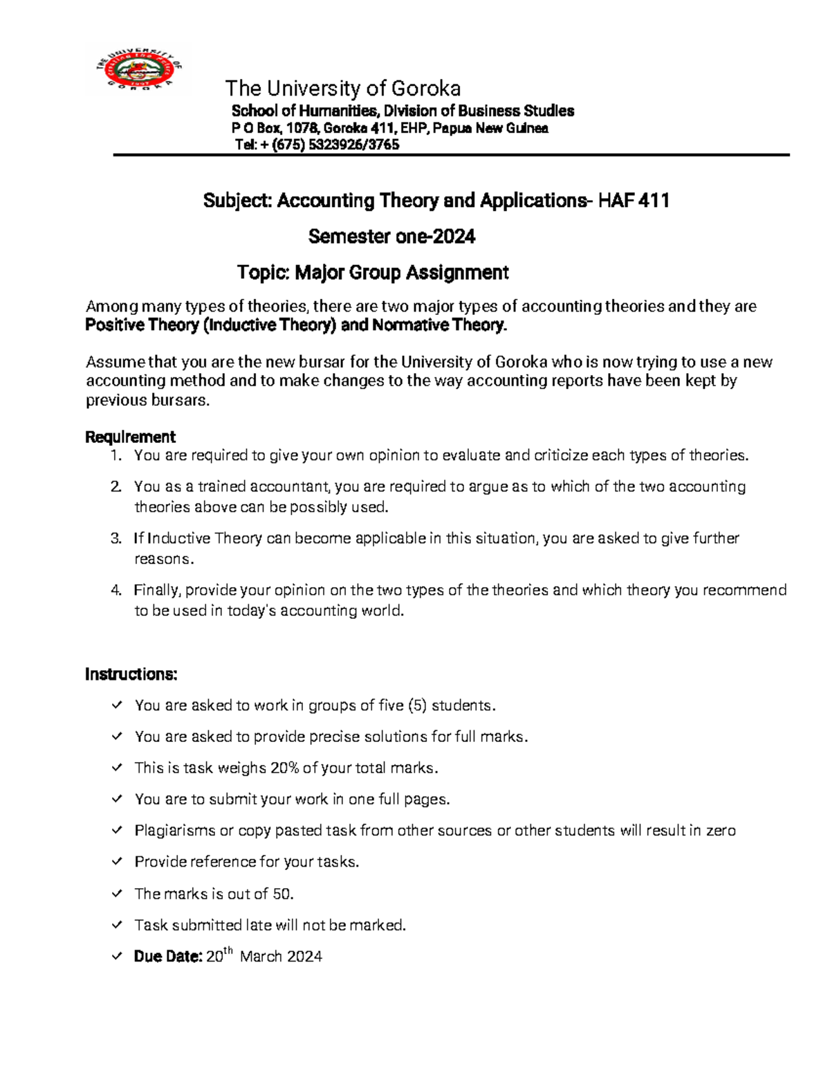 HAF 411 Major Group Assignment: Accounting Theories Evaluation 2024 ...