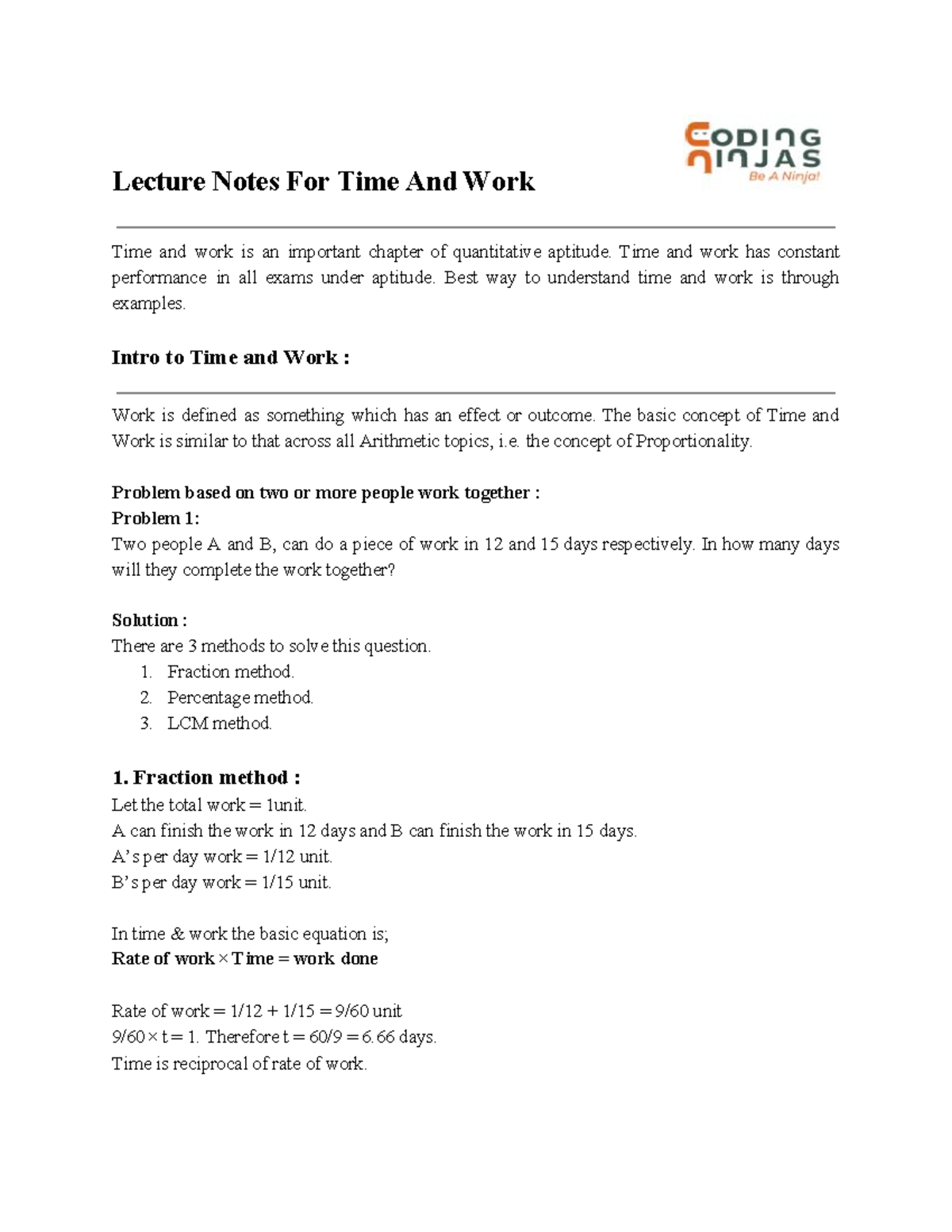 Lecture Notes: Time and Work (Quantitative Aptitude) - Studocu