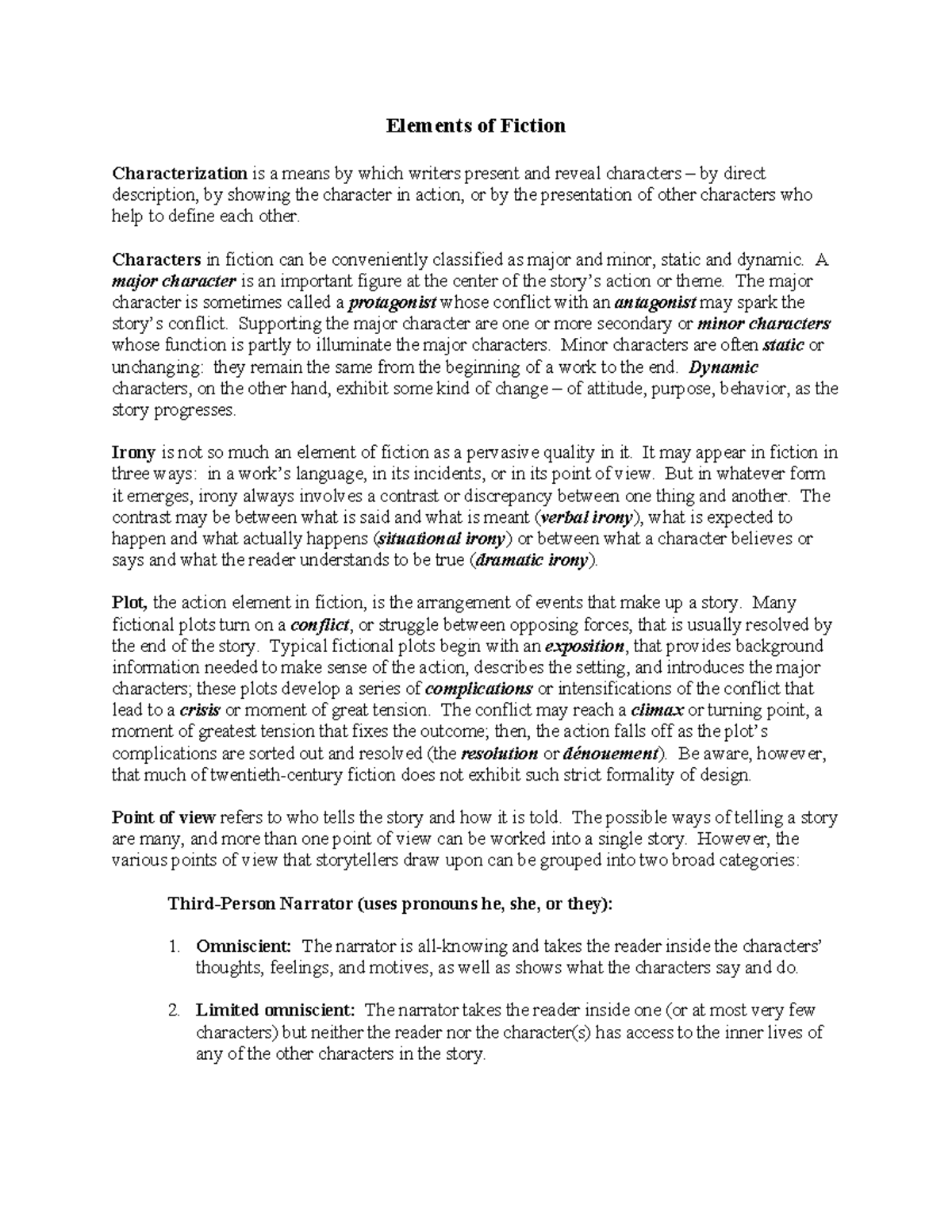 Elements of Fiction- Characterization, Setting, Plot, Conflict, Point ...