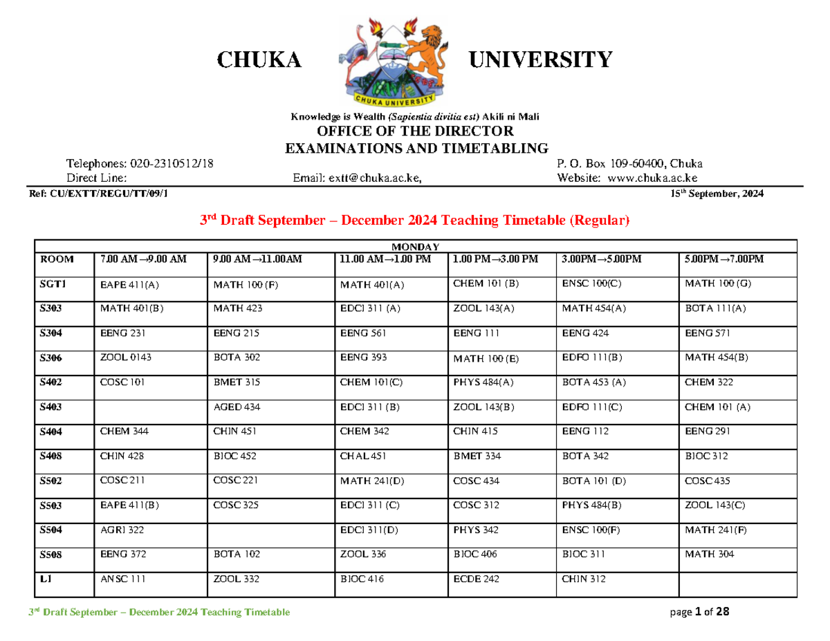 3rd Draft Teaching Timetable for Regular Classes (Sept-Dec 2024) - Studocu