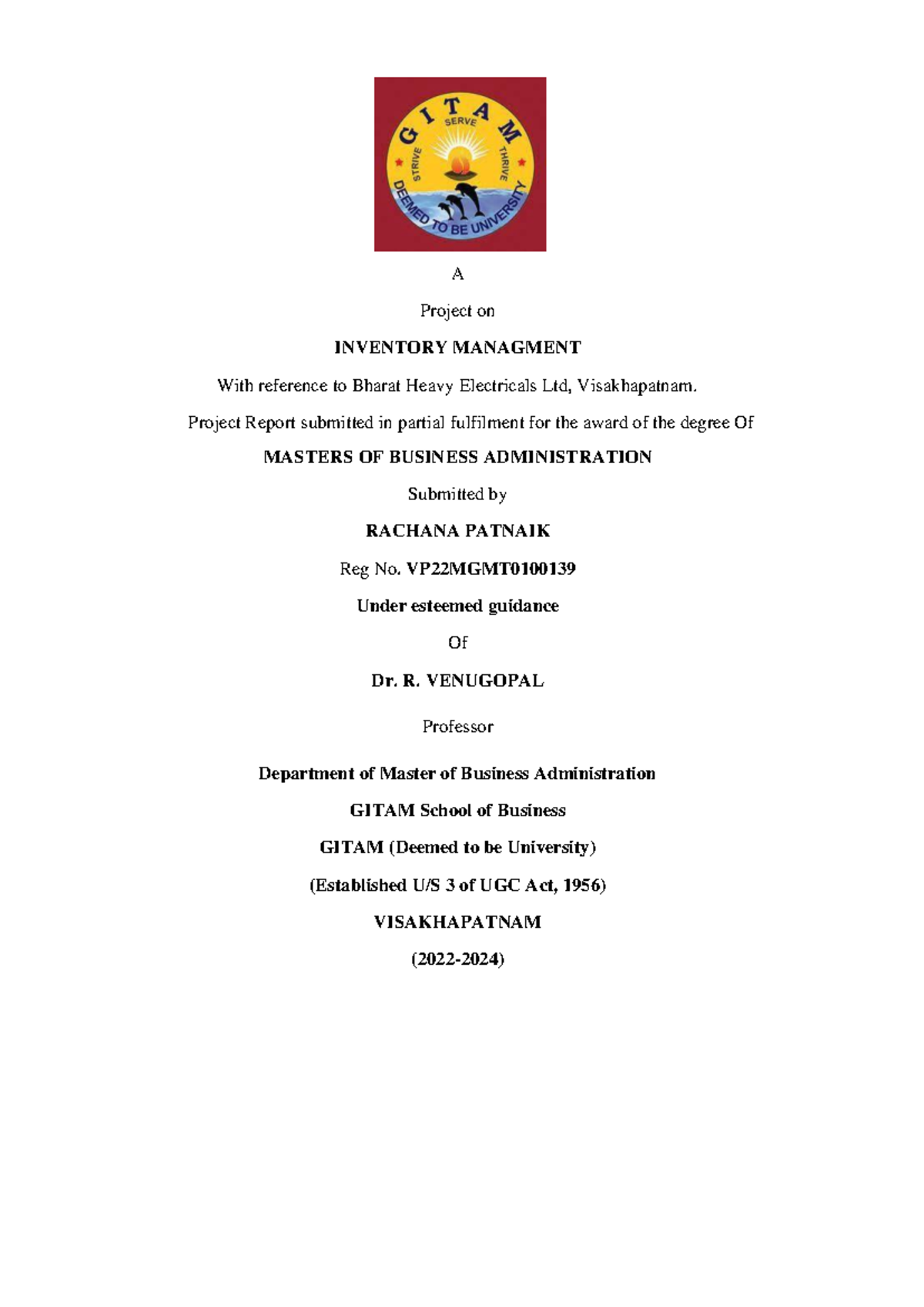 Project Report on Inventory Management at BHEL - MBA (VP22MGMT) - Studocu