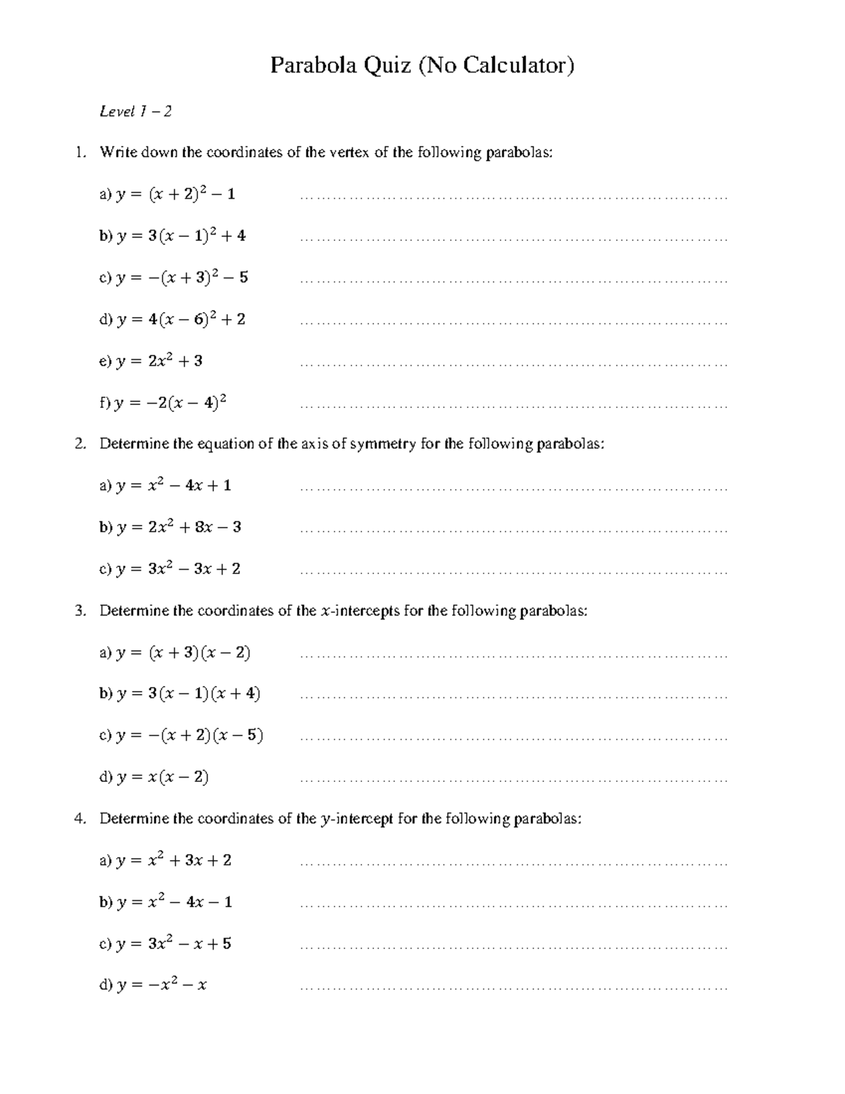 Parabolas Quiz 2019 - Vertex & Axis of Symmetry Analysis - Studocu