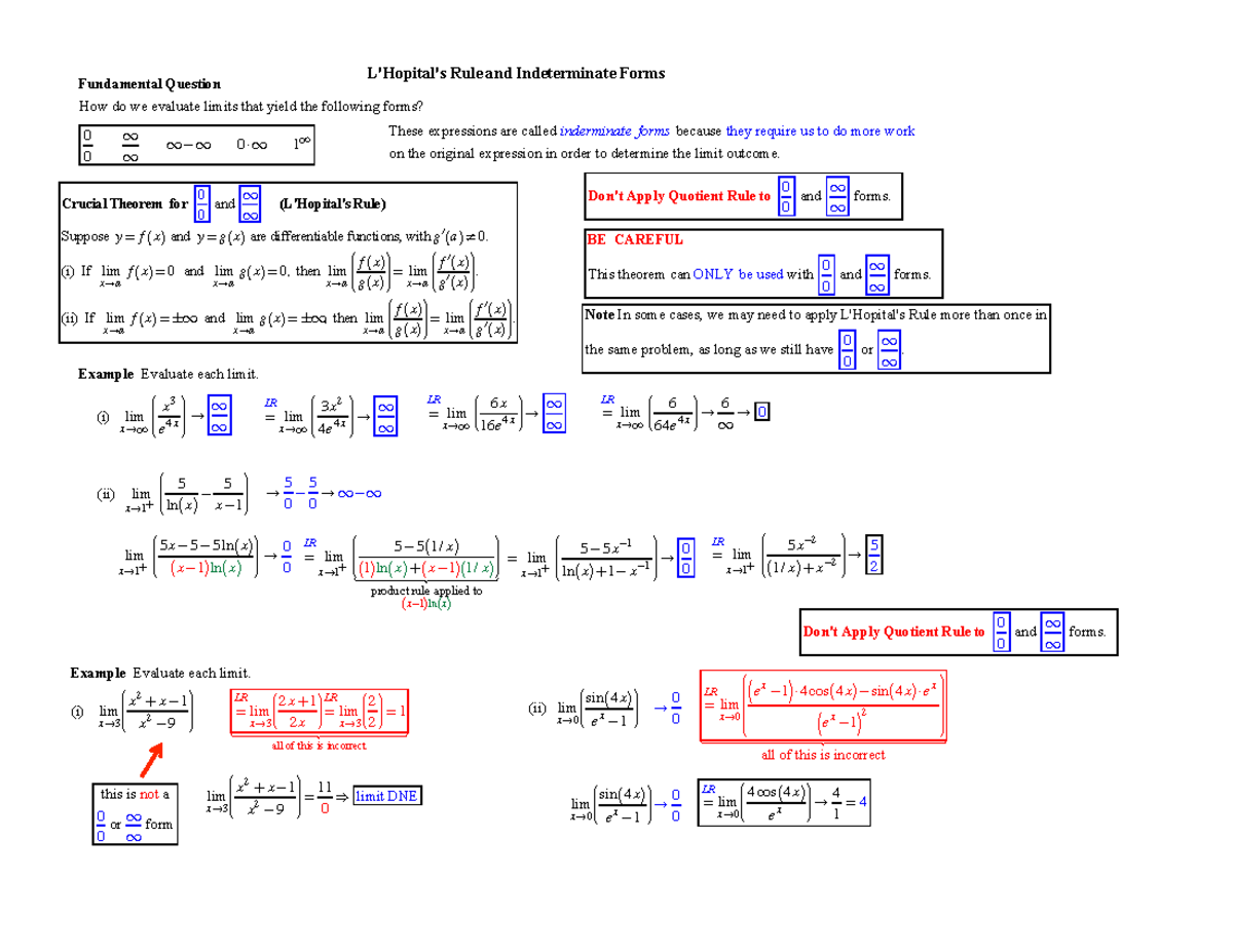 Math 232 L'Hôpital's Rule Recitation: Evaluating Indeterminate Forms ...