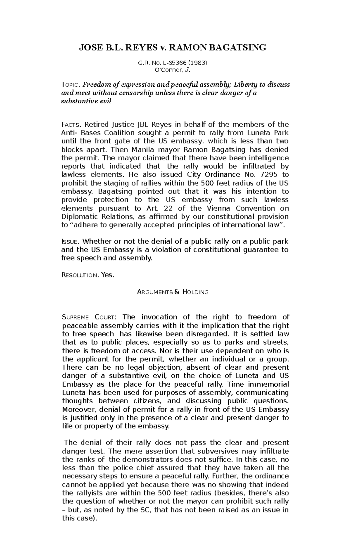 Jbl reyes v bagatsing - Case Digest - JOSE B. REYES v. RAMON BAGATSING ...
