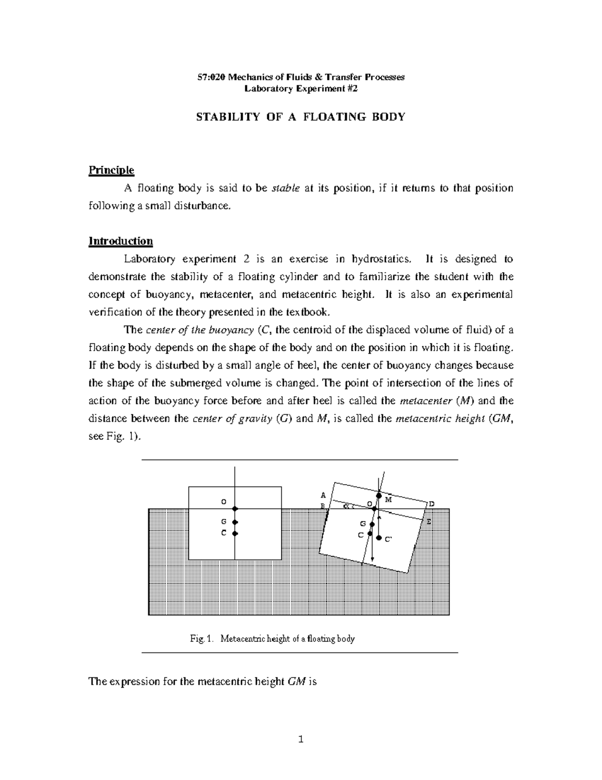 Lab 2: Stability of a Floating Body (57:020 Fluid Mechanics) - Studocu