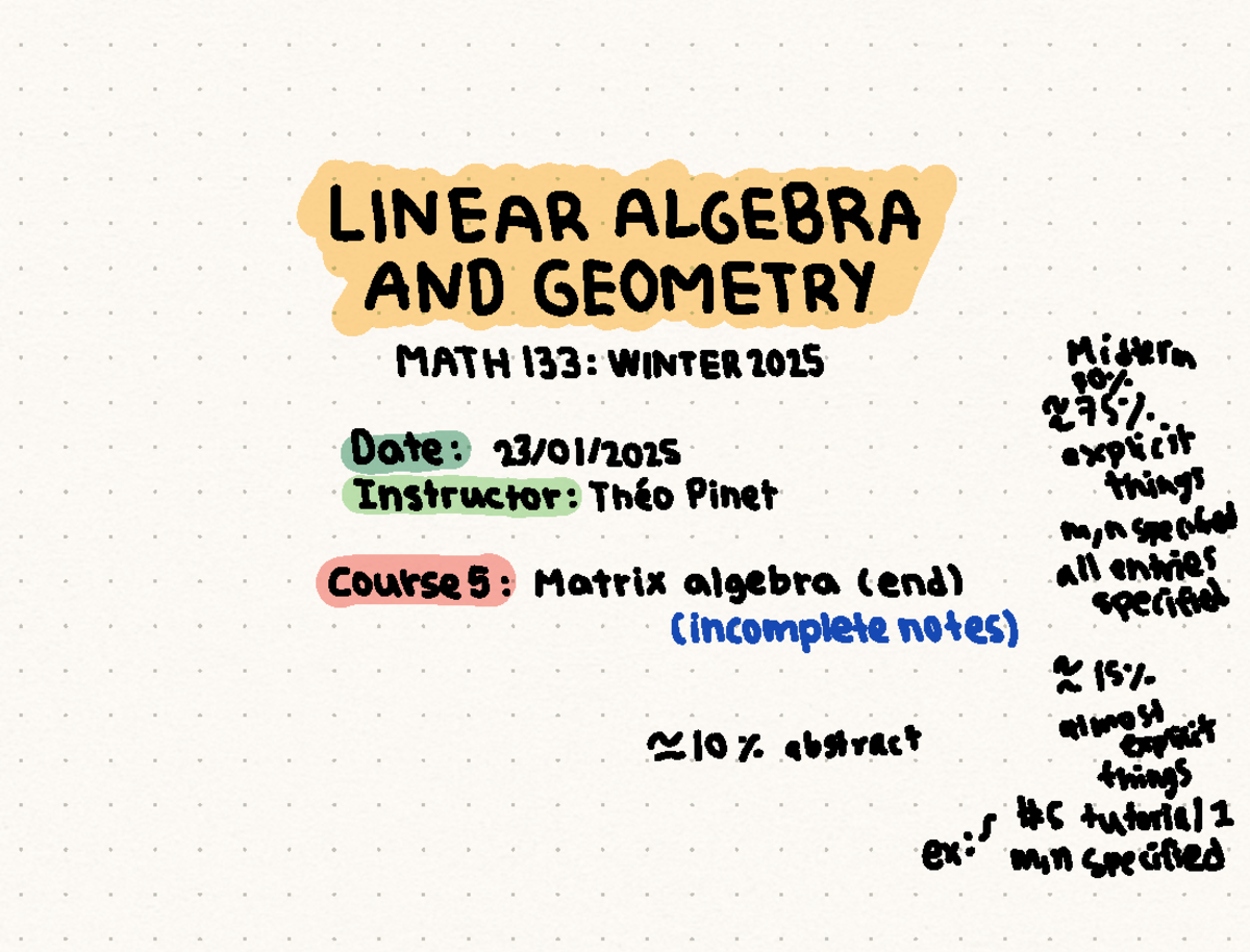 Lecture 6 — Live - LINEAR ALGEBRA AND GEOMETRY MATH 133: WINTER 2025 ...