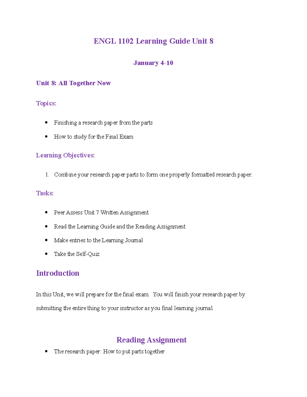 Learning Guide Unit 8 - Combine your research paper parts to form one ...