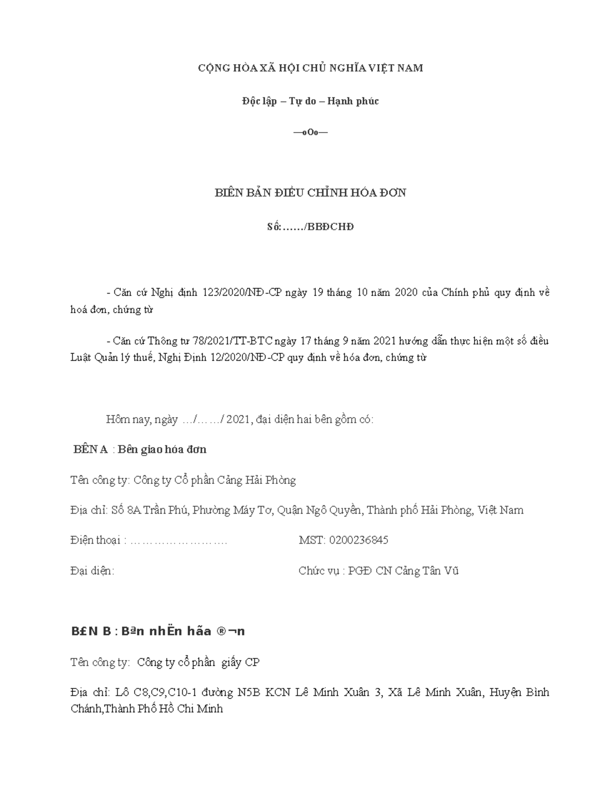 MAU BIEN BAN DIEU Chinh HOA DON - :luat247 CỘNG HÒA XÃ HỘI CHỦ NGHĨA ...