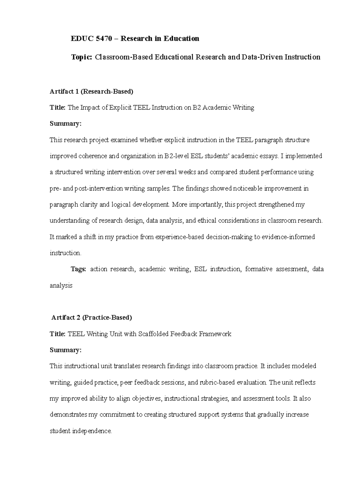 EDUC 5470 Portfolio: TEEL Instruction & ESL Writing Impact - Studocu