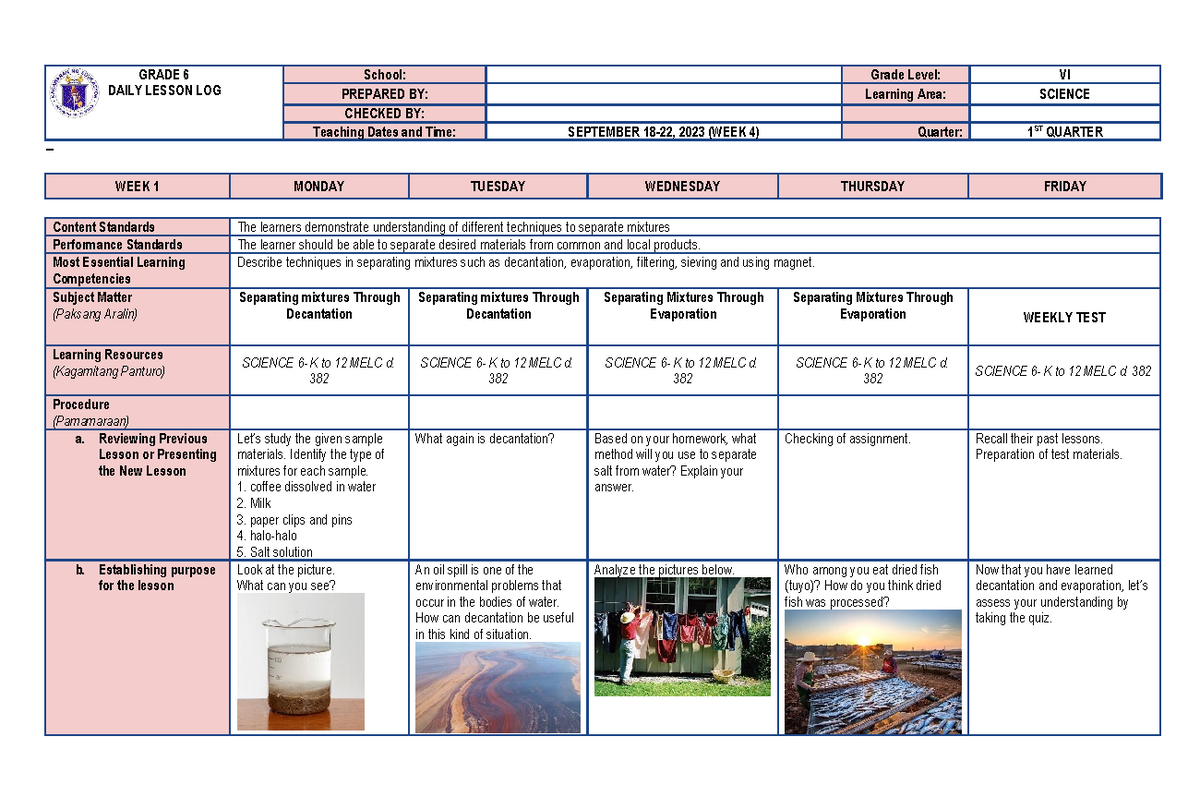 GRADE 6 SCIENCE DAILY LESSON LOG: SEPARATING MIXTURES (WEEK 4) - Studocu