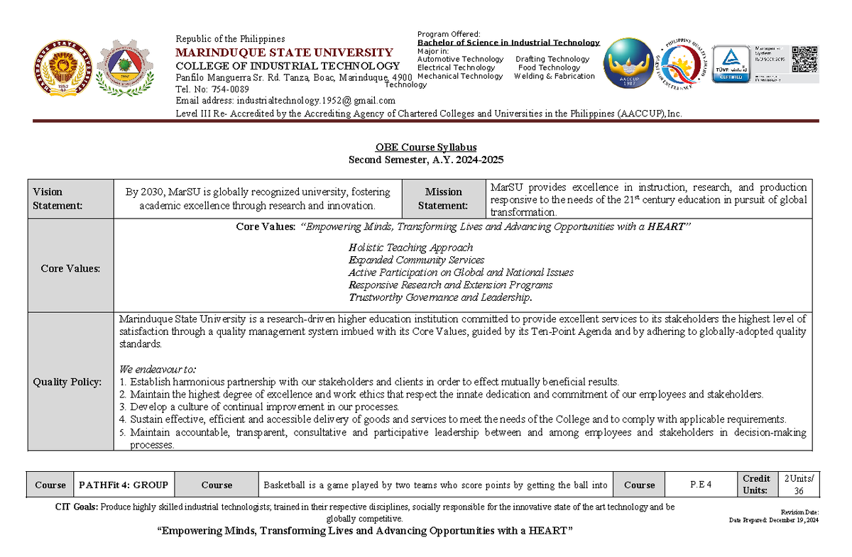 PE4- Syllabus 24-25 - CIT Goals: Produce highly skilled industrial ...