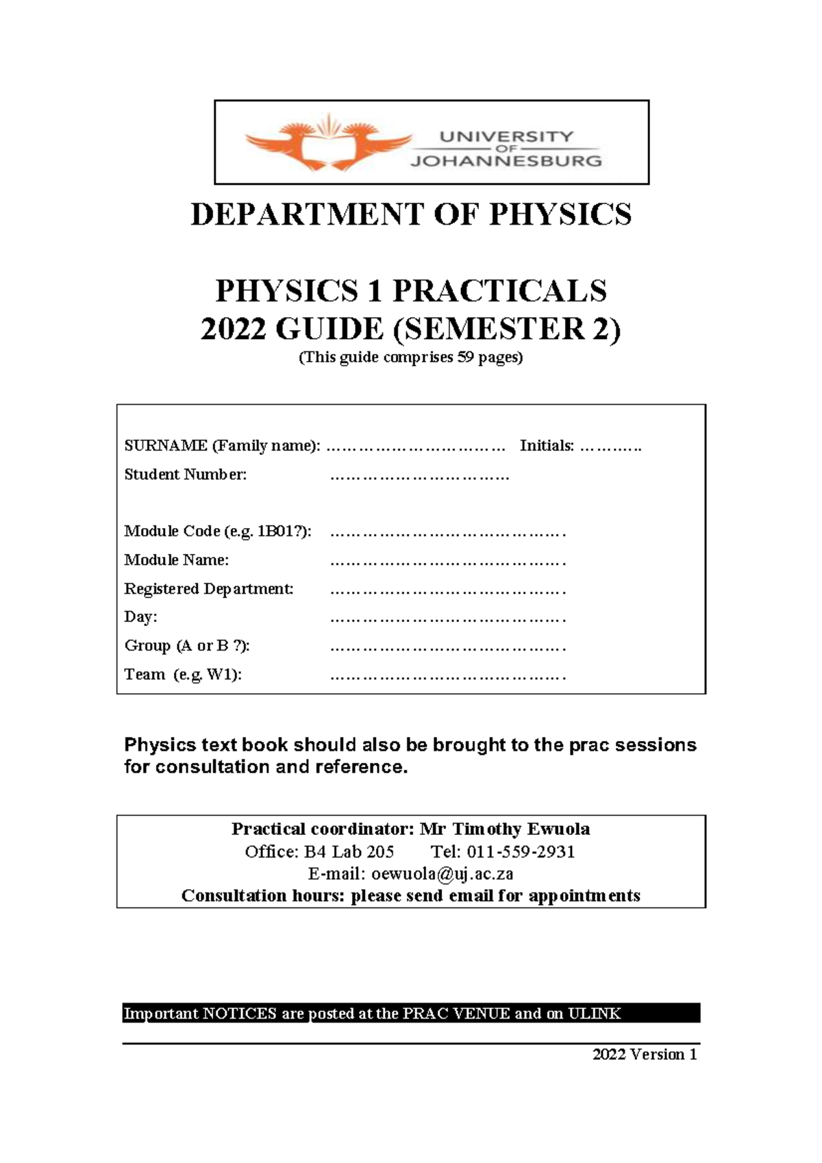 Physics 1 Practicals Guide - PHYE, PHYS, PHYG - Semester 2 2022 - Studocu