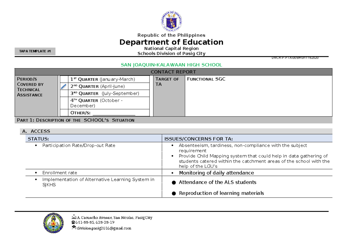 SJKHS TAPA Template: 2nd Quarter Technical Assistance Report 2024 - Studocu