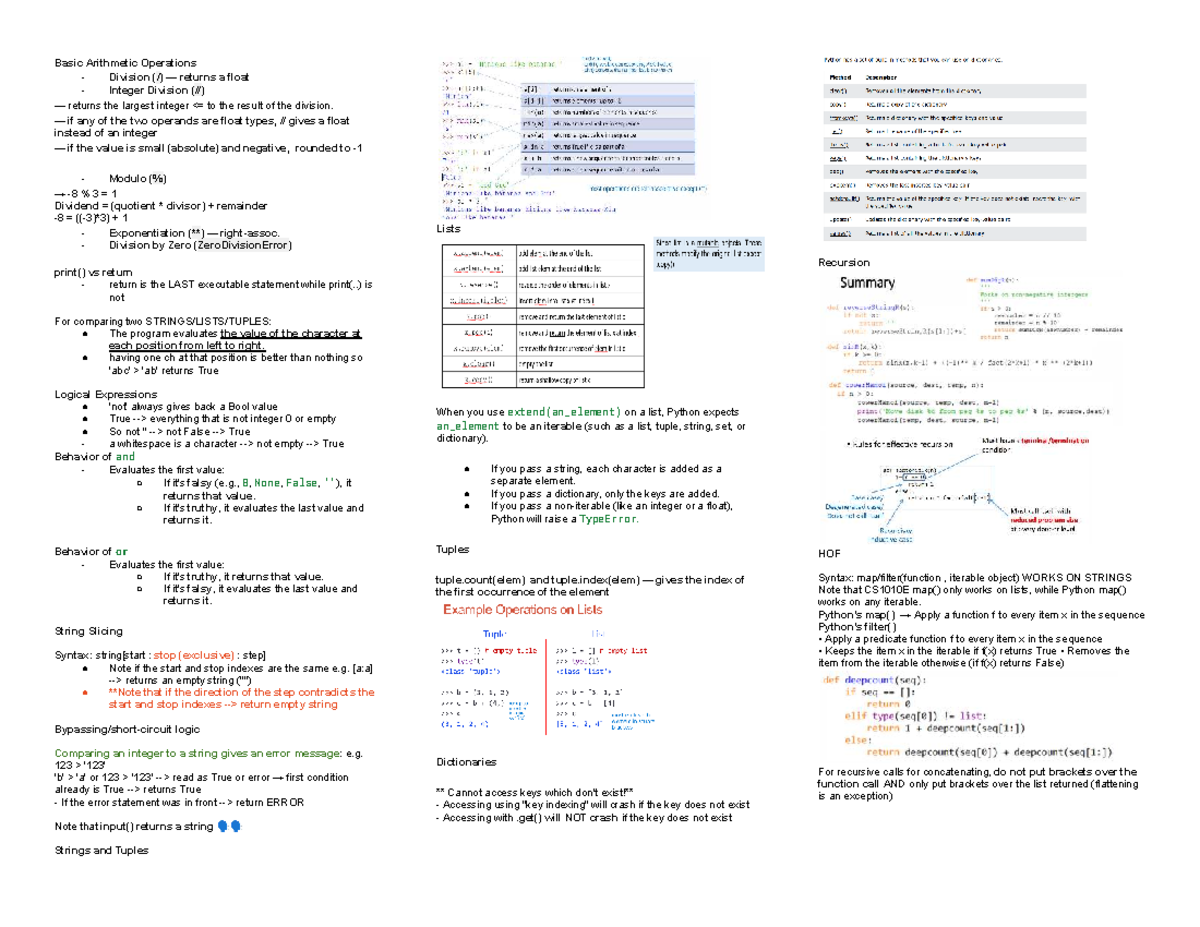 CS1010E Final Exam Cheatsheet: Basic Arithmetic & Data Types - Studocu