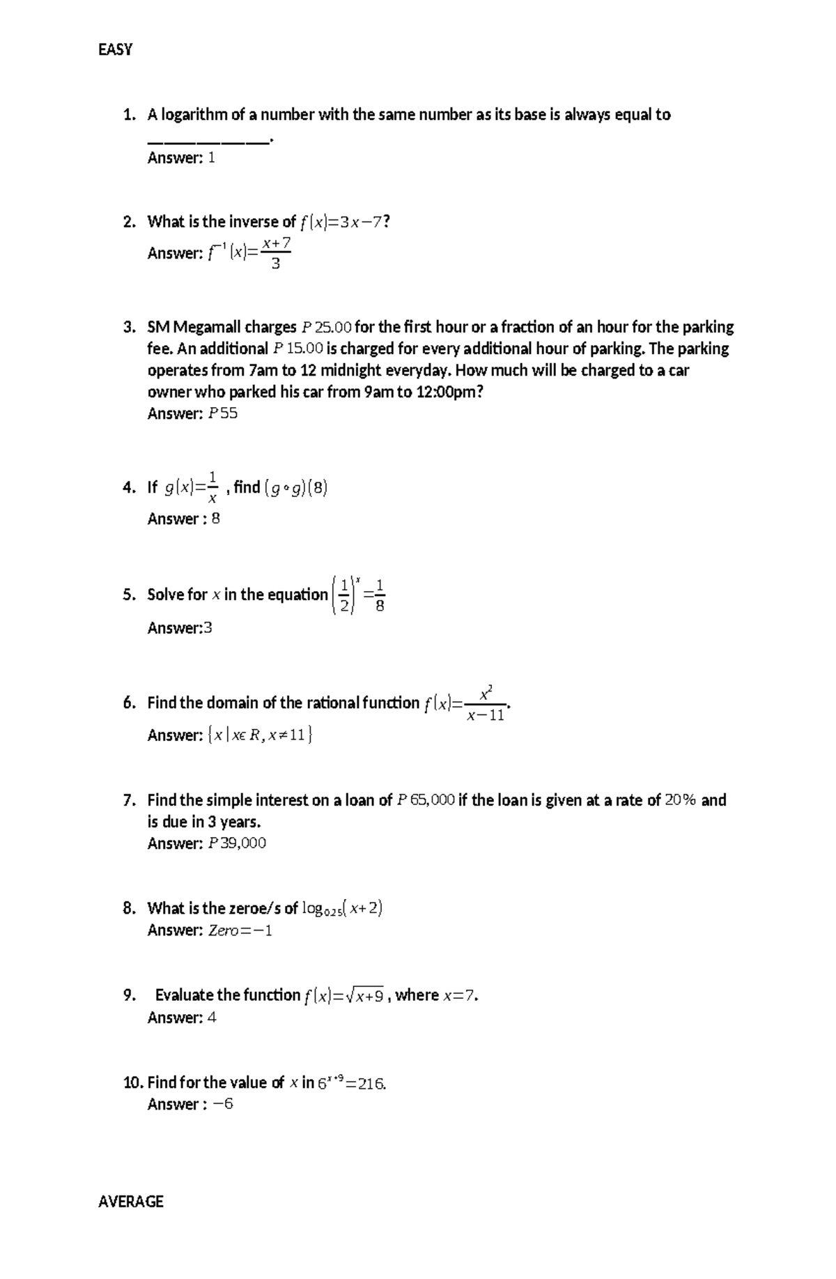municipal math bowl competition questions - EASY A logarithm of a ...