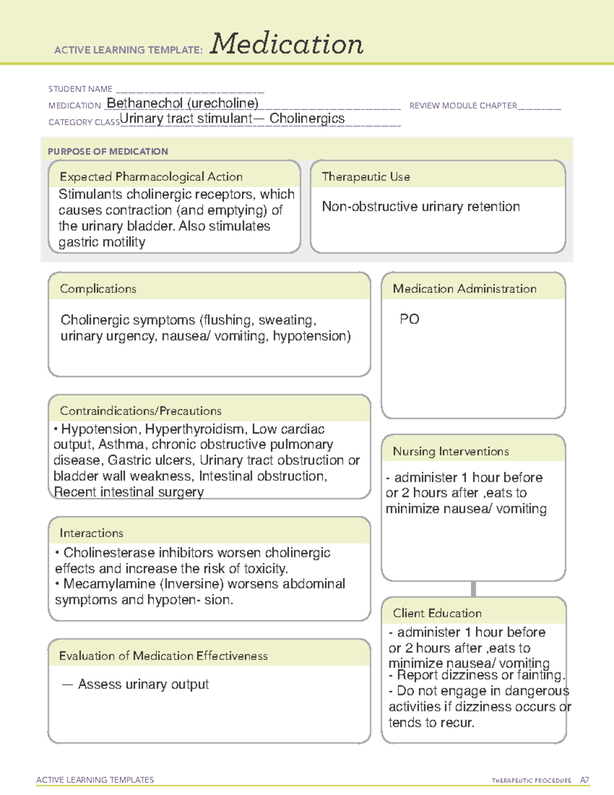 Bethanechol (ATI) - Active Learning Template for Nursing Students - Studocu