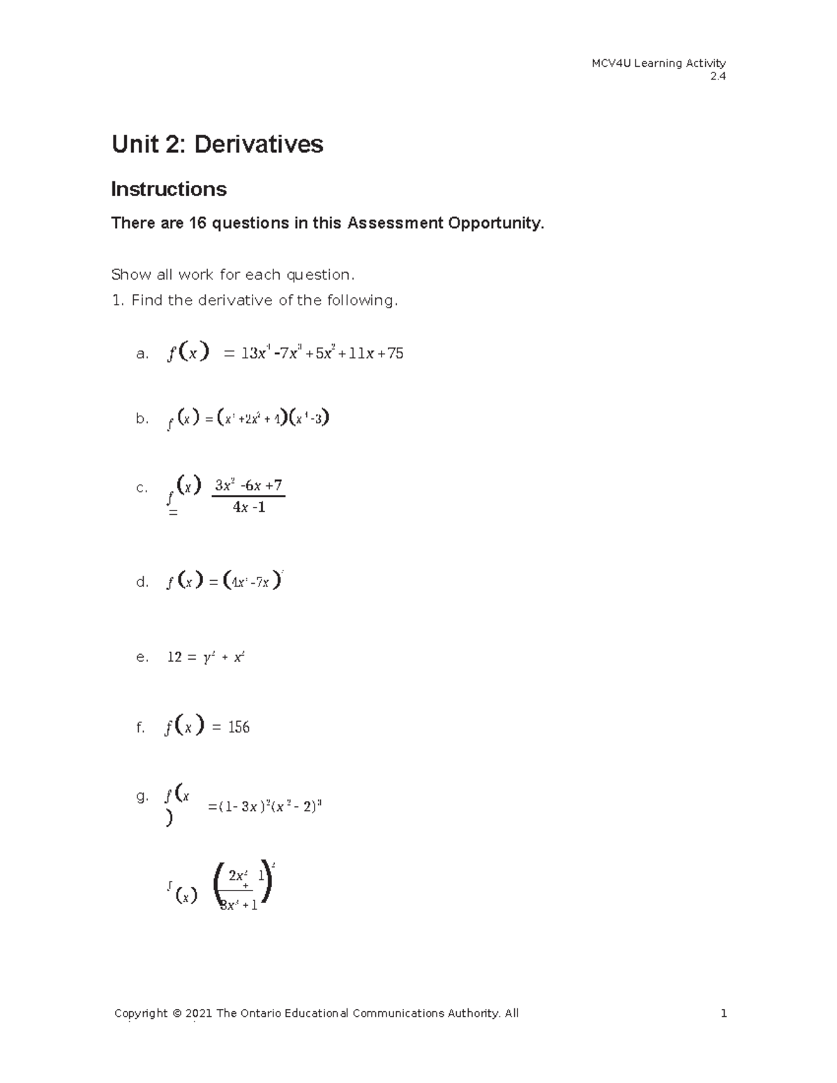 Unit 2 questions calc - MCV4U Learning Activity 2. Unit 2 Assessment ...