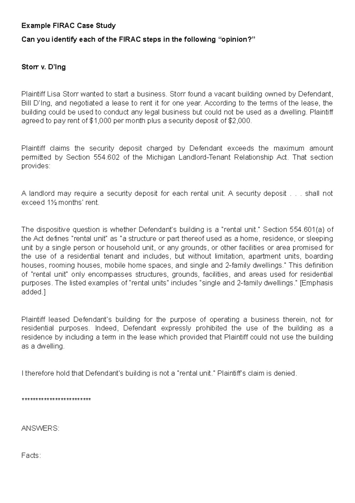 FIRAC Analysis of Storr v. D’Ing Case Study - Studocu