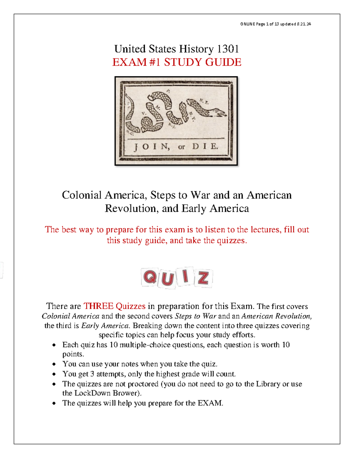 ONLINE 1301 Fall Study Guide for Exam 1: Colonial America to Early ...