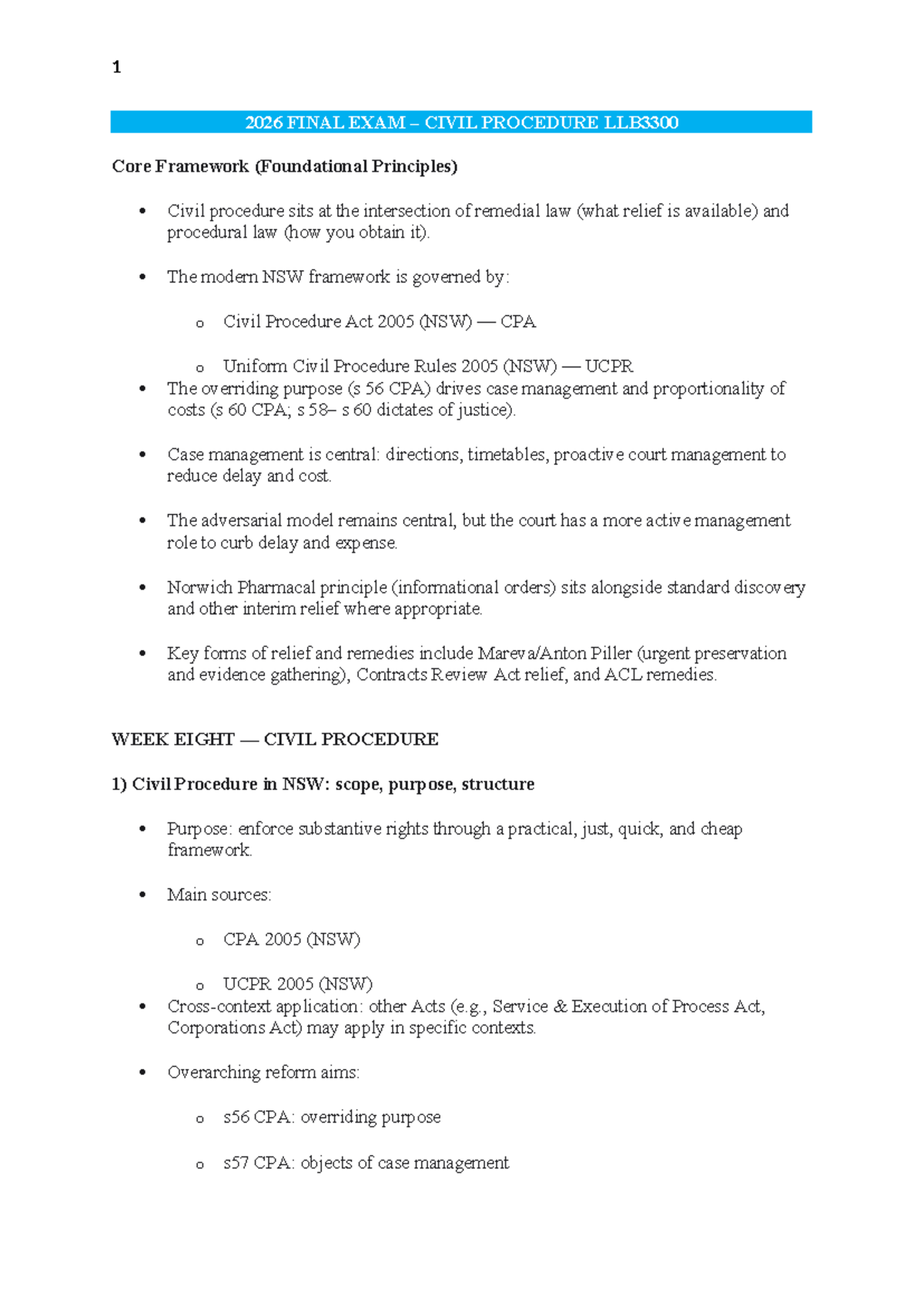2026 LLB3300 FINAL EXAM - Civil Procedure Core Concepts and Framework ...