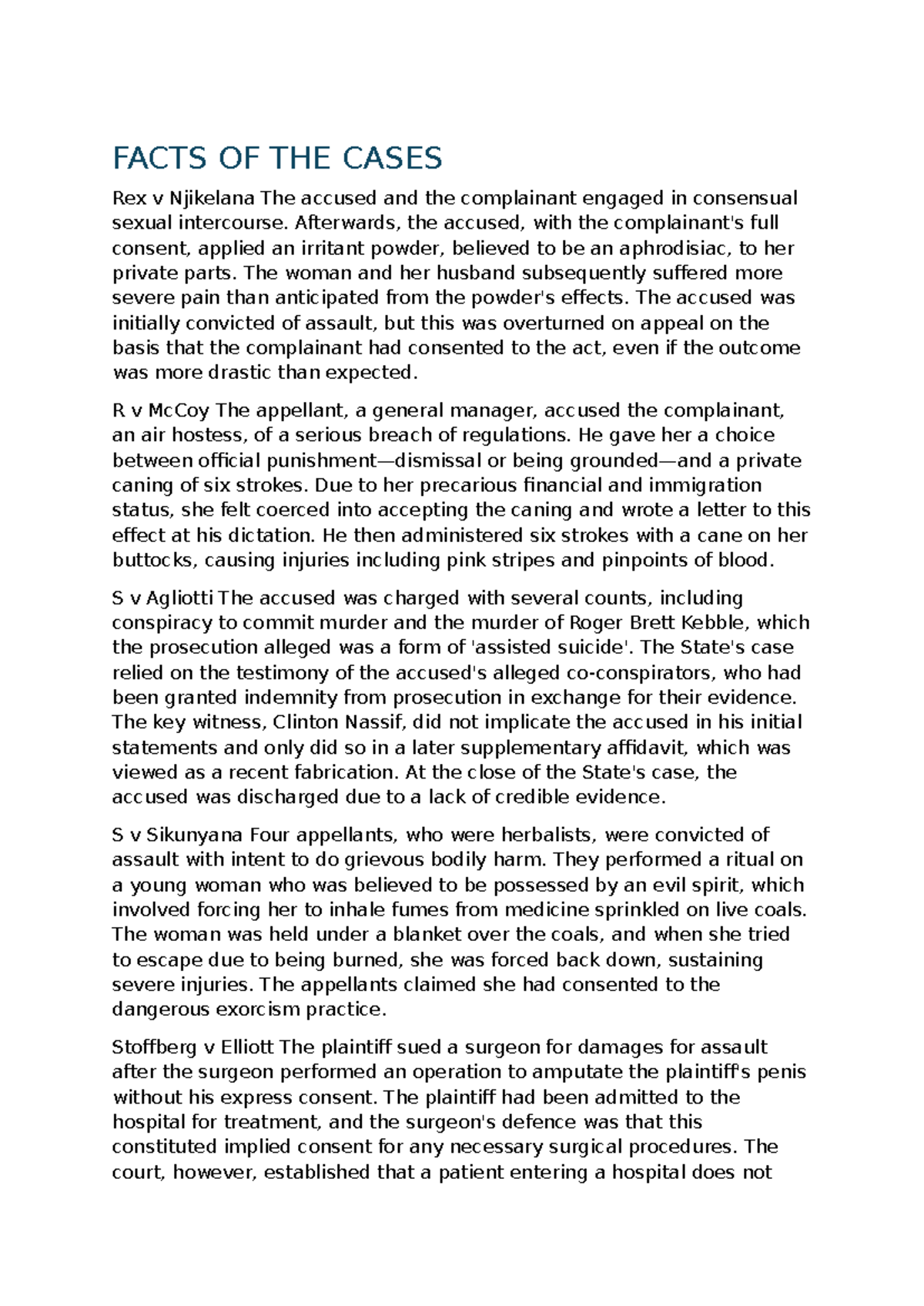 Consent in Legal Cases: Summary of Key Facts and Rulings - Studocu