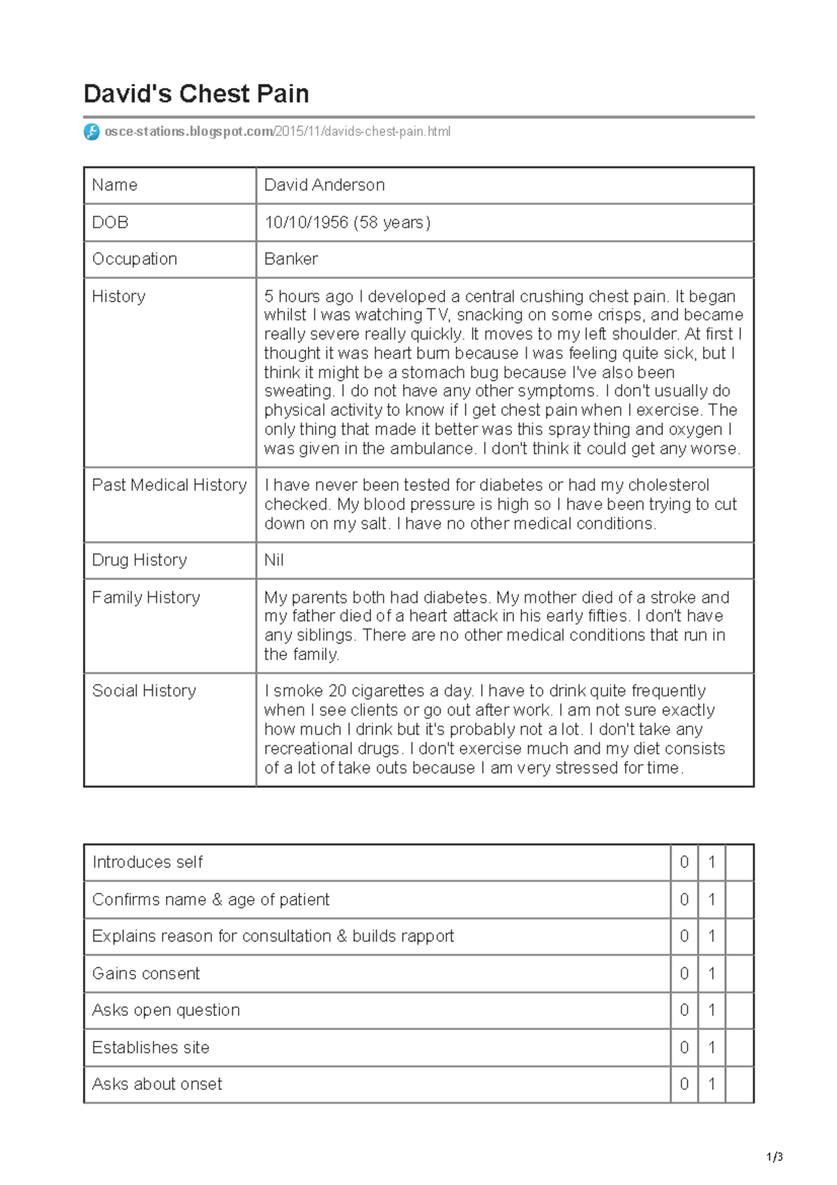 Chest pain 3 - 1/ David's Chest Pain osce-stations.blogspot.com/2015/11 ...