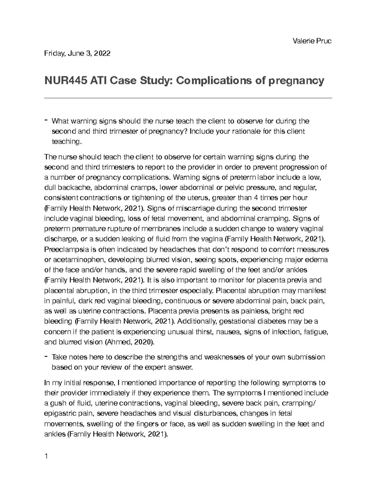 NUR445 ATI Case Study: Maternal Warning Signs in Pregnancy ...