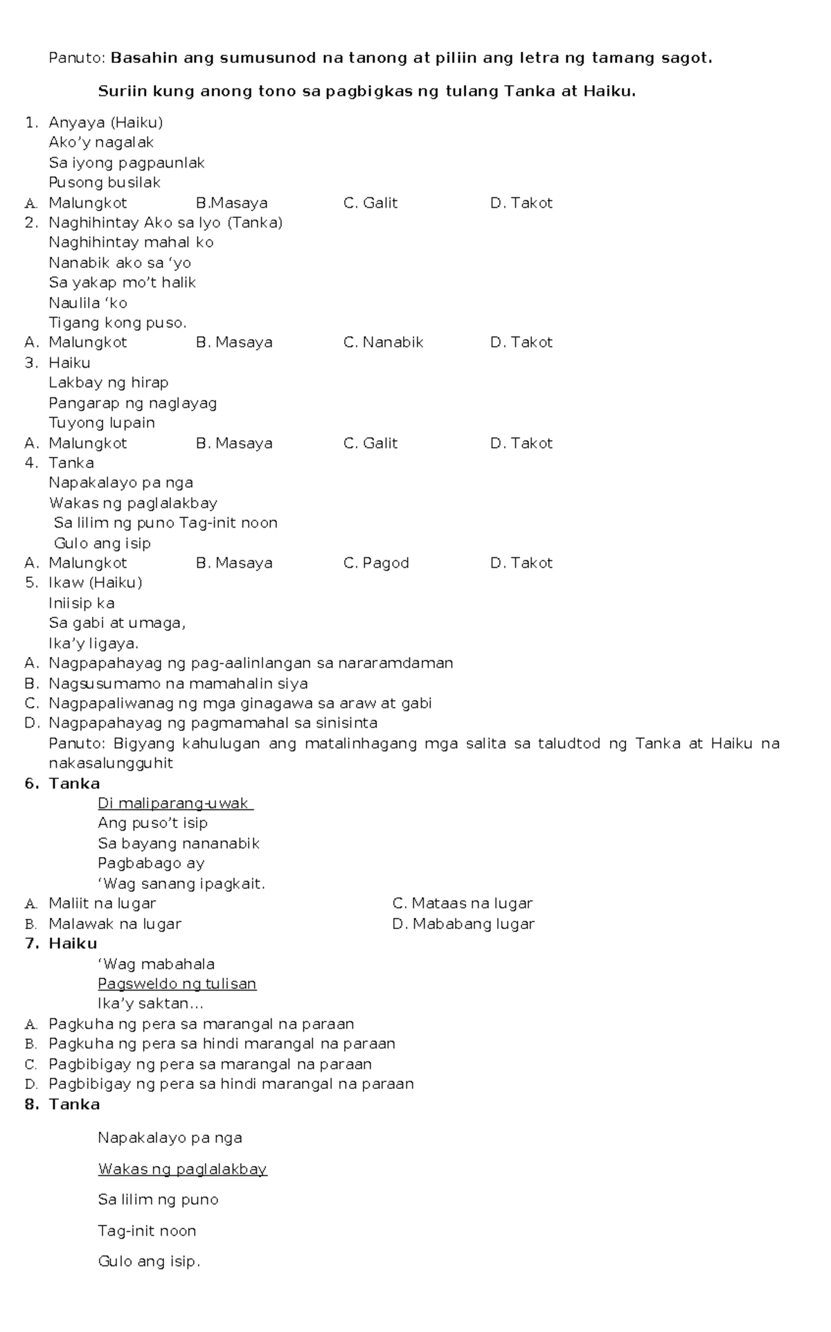 EXAM 9 - exam - Panuto: Basahin ang sumusunod na tanong at piliin ang ...