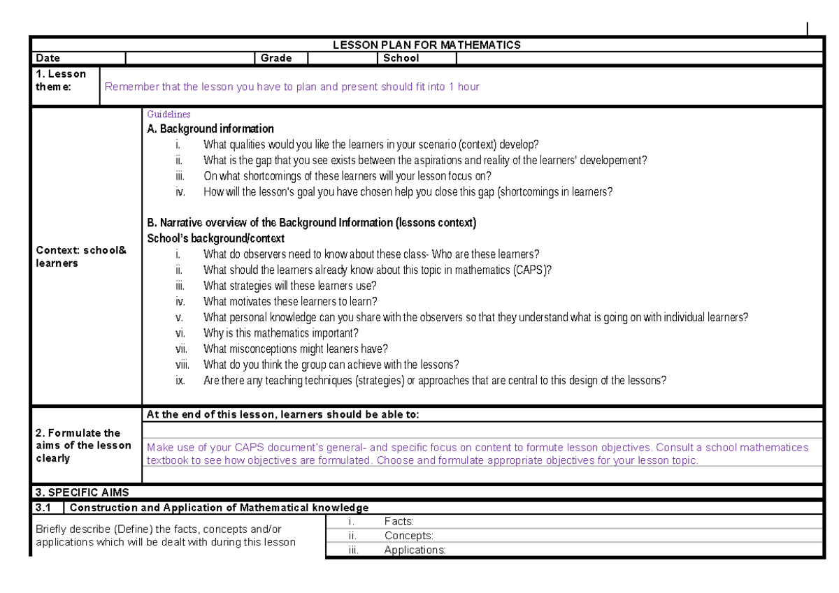Grade 8 Mathematics Lesson Plan Template: Engaging Learners Effectively ...