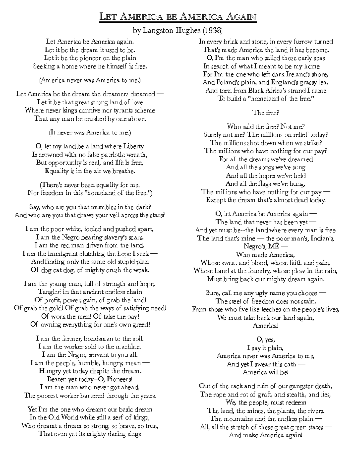 LET AMERICA BE AMERICA AGAIN - Langston Hughes (1938) Analysis - Studocu