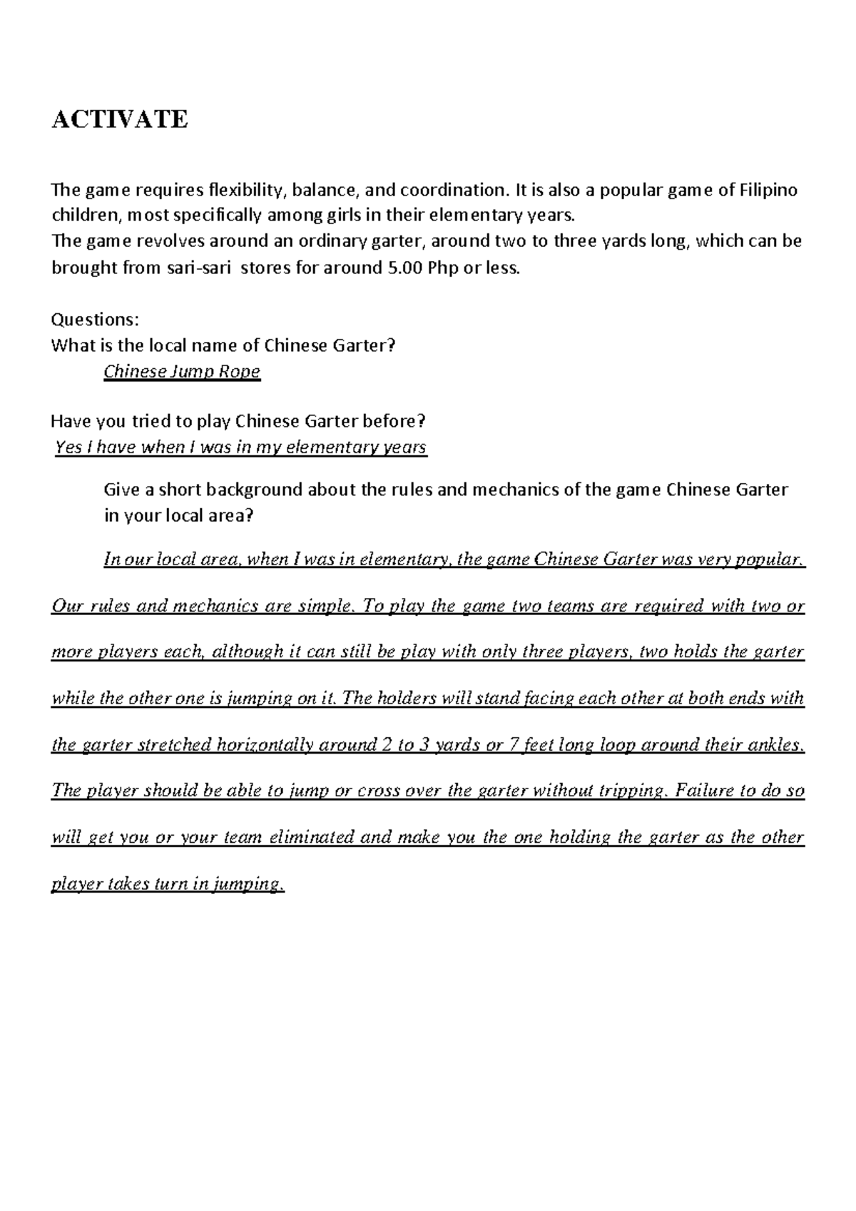 Lesson 7 Activity 1: Exploring the Game of Chinese Garter - Studocu