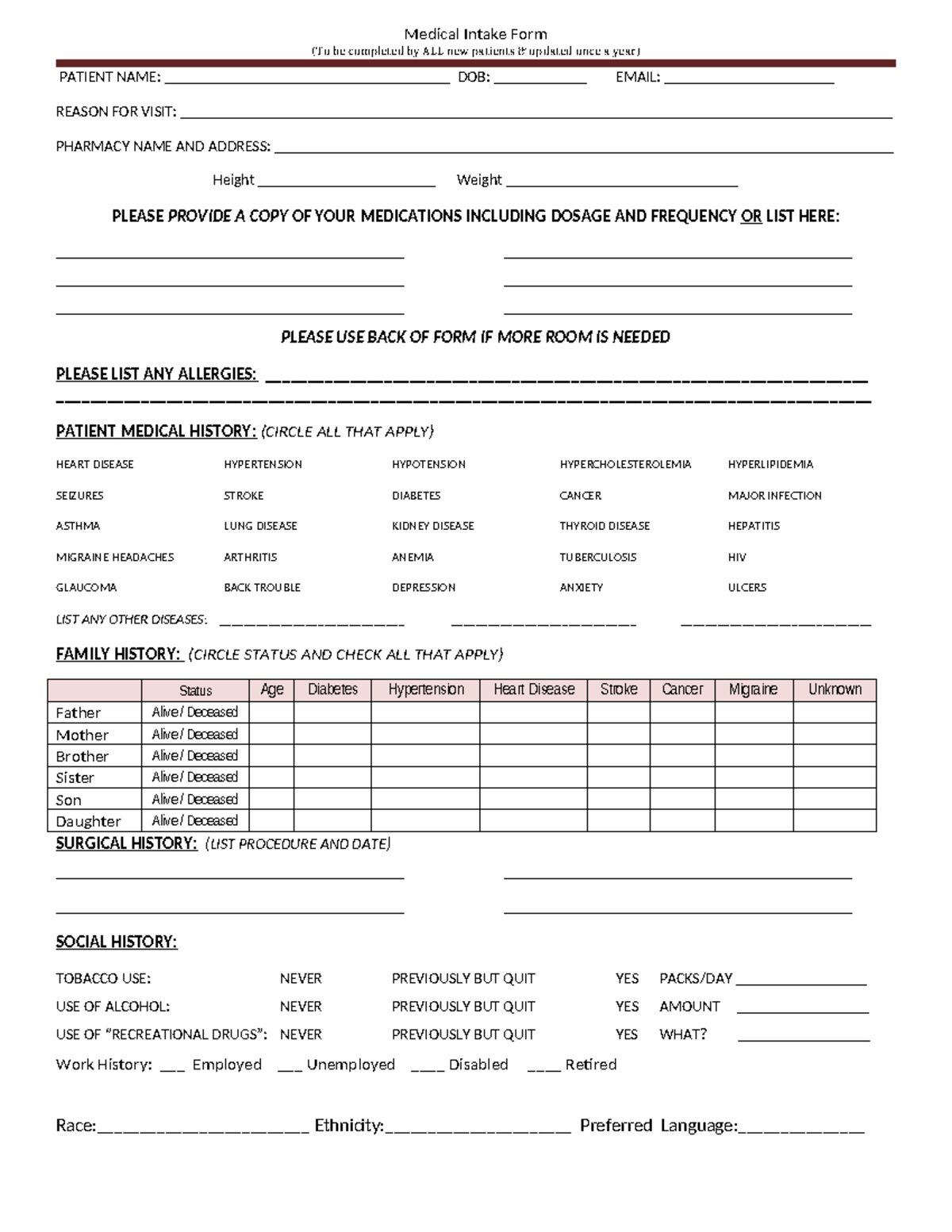 Medical Intake Form for New Patients (Annual Update) - Studocu