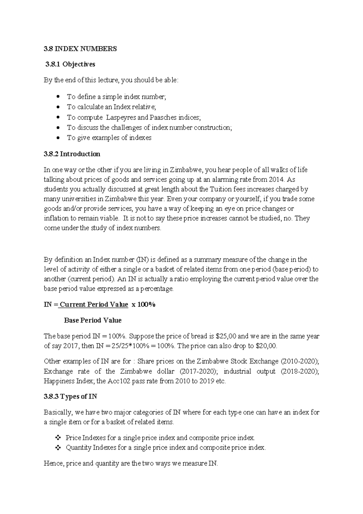 Index numbers - Lecture notes 1,2,3 and 4 - 3 INDEX NUMBERS 3.8 ...